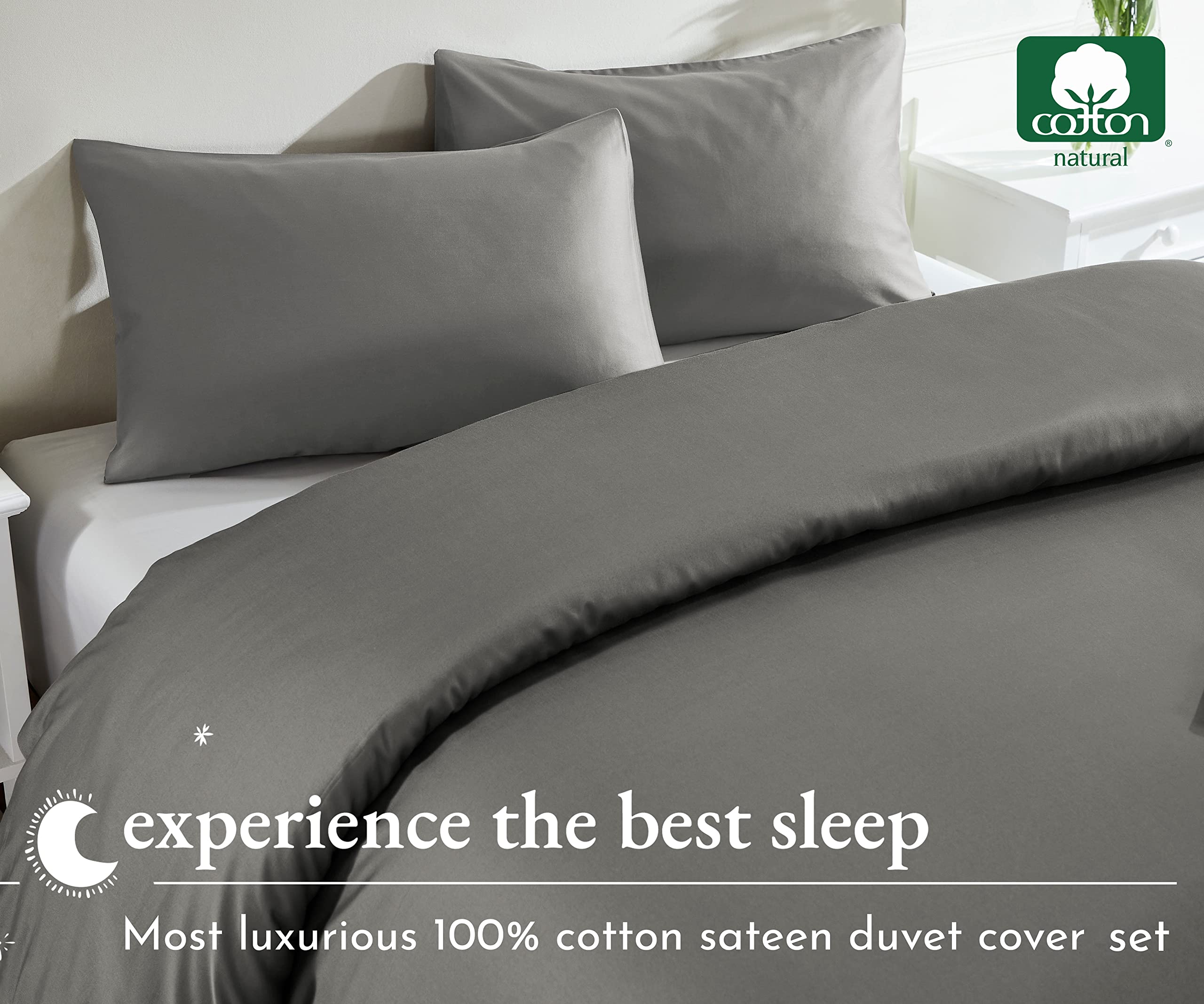 California Design Den Cotton Duvet Cover King Size, 3 Piece Slate Grey Bedding Set, 100% Pure Cotton Sateen Weave, 400 Thread Count Comforter Cover & Two Pillow Shams with Button Closure, Corner Ties