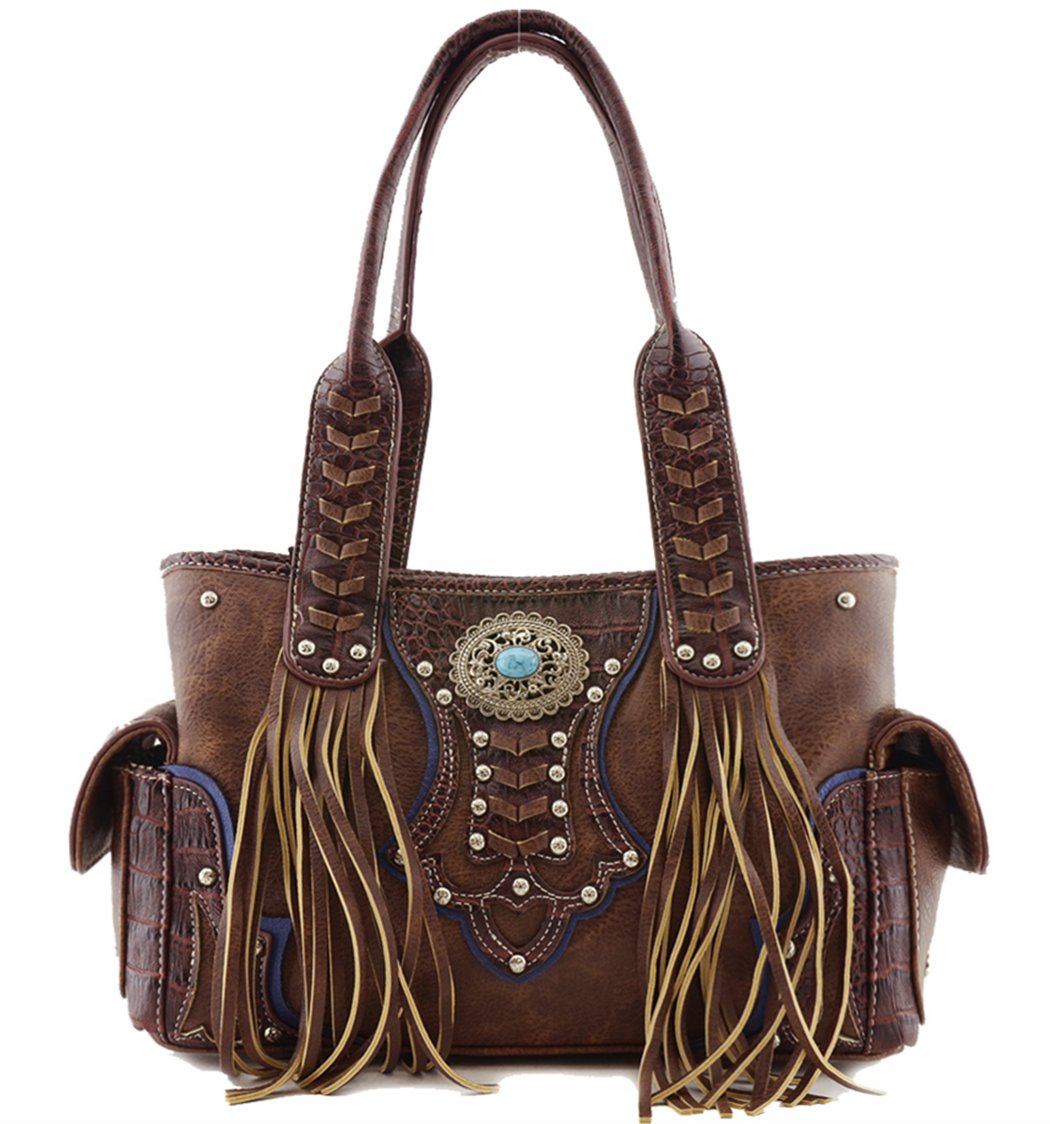 Cowgirl Trendy Western Style Concealed Carry Country Fringe Purse Handbag Shoulder Bag Wallet Set Brown
