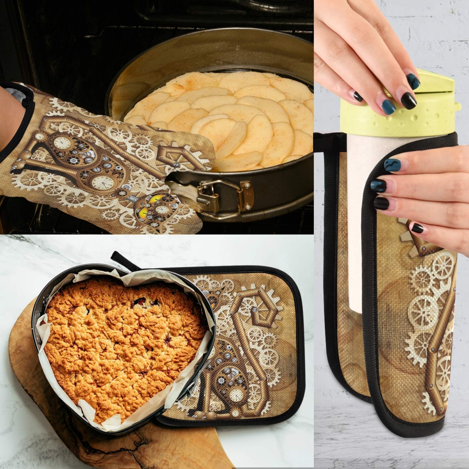 Aslsiy Steampunk Cat Oven Mitts Pot Holders Vintage Style Kittens Oven Glove Hot Pads Cooking Kitchen Heat Resistant Hot Pads for Microwave BBQ Baking Grilling Gifts