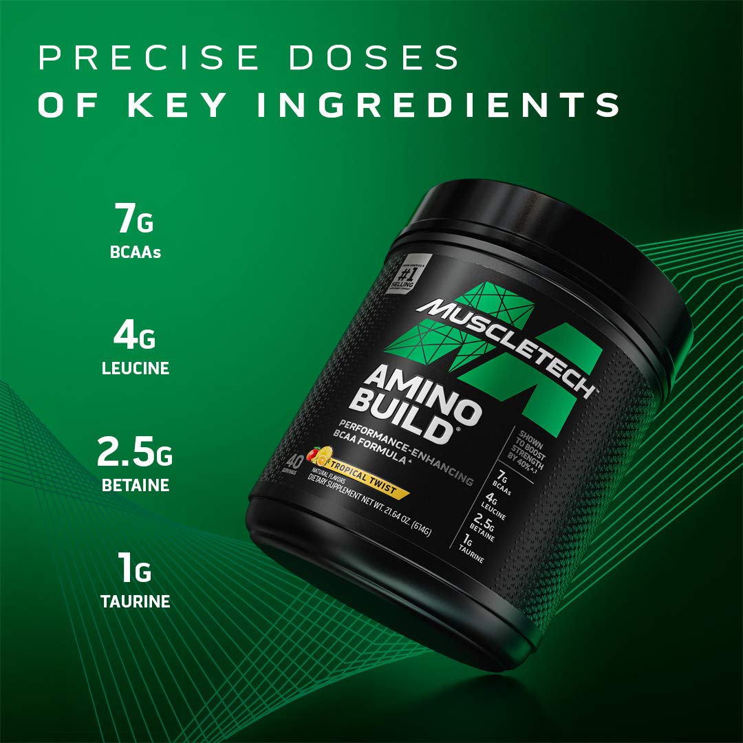 BCAA Amino Acids + Electrolyte Powder, MuscleTech Amino Build, 7g of BCAAs + Electrolytes, Support Muscle Recovery, Build Lean Muscle & Boost Endurance, Tropical Twist (40 Servings)