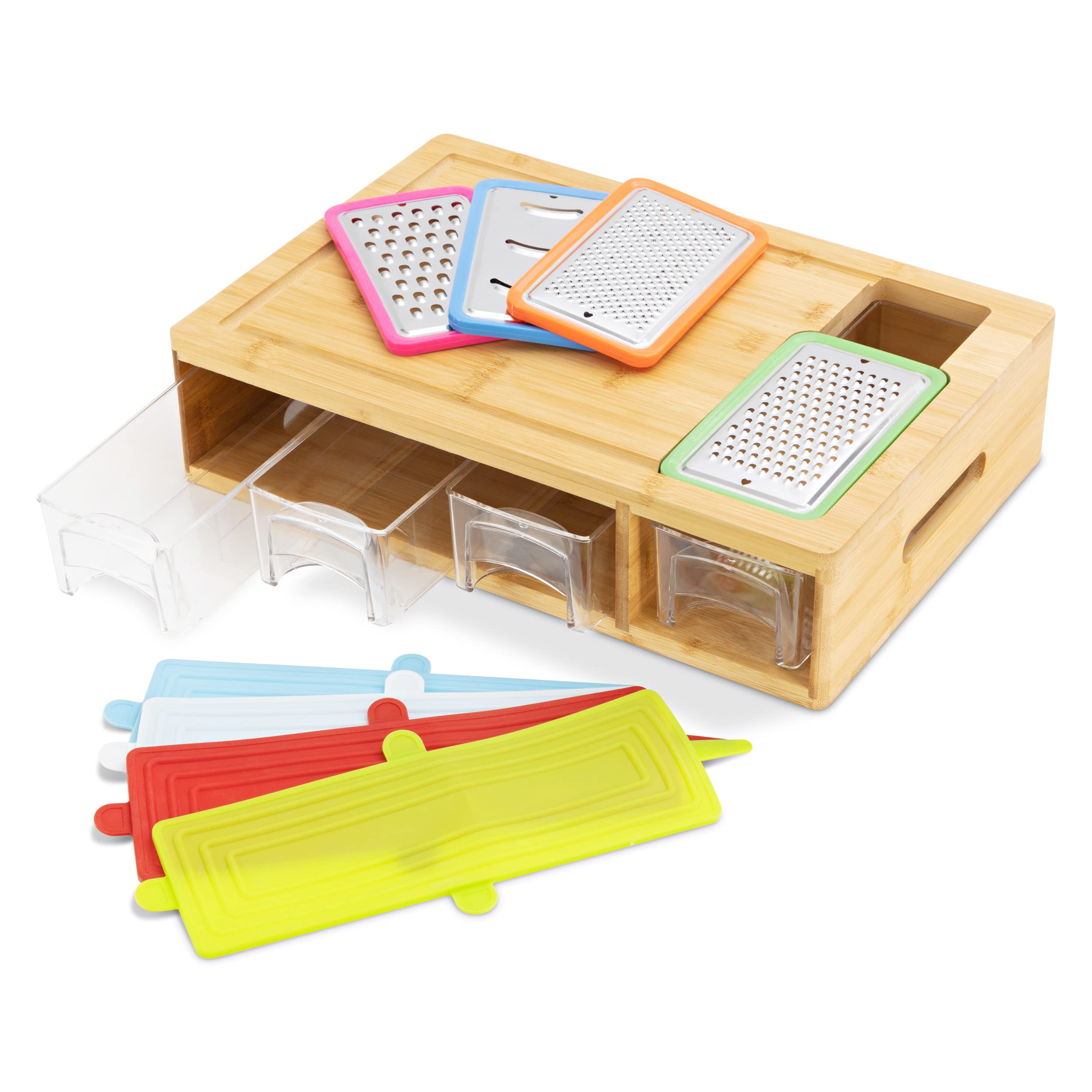 Bamboo Cutting Board With Containers - Multifunctional With Trays, Lids, Juice Groove, Graters, Save Space For Organised Kitchen, Makes Food Prep Quick And Easy