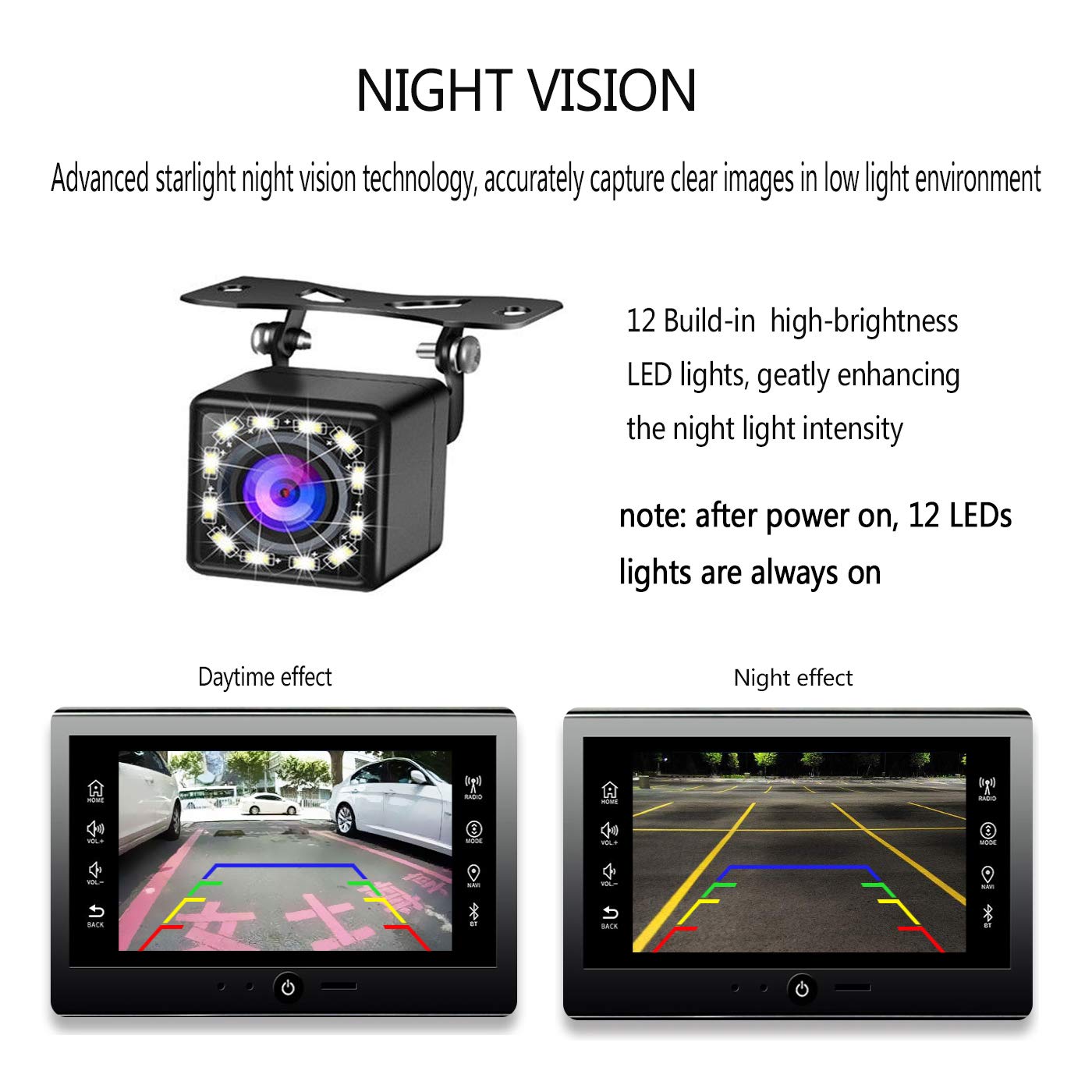 Backup Camera for Car HD 12 LED Wide View Angle 2-in-1 Universal Rear View Reverse Camera 2 Installation Options Removable Guildlines 12V only