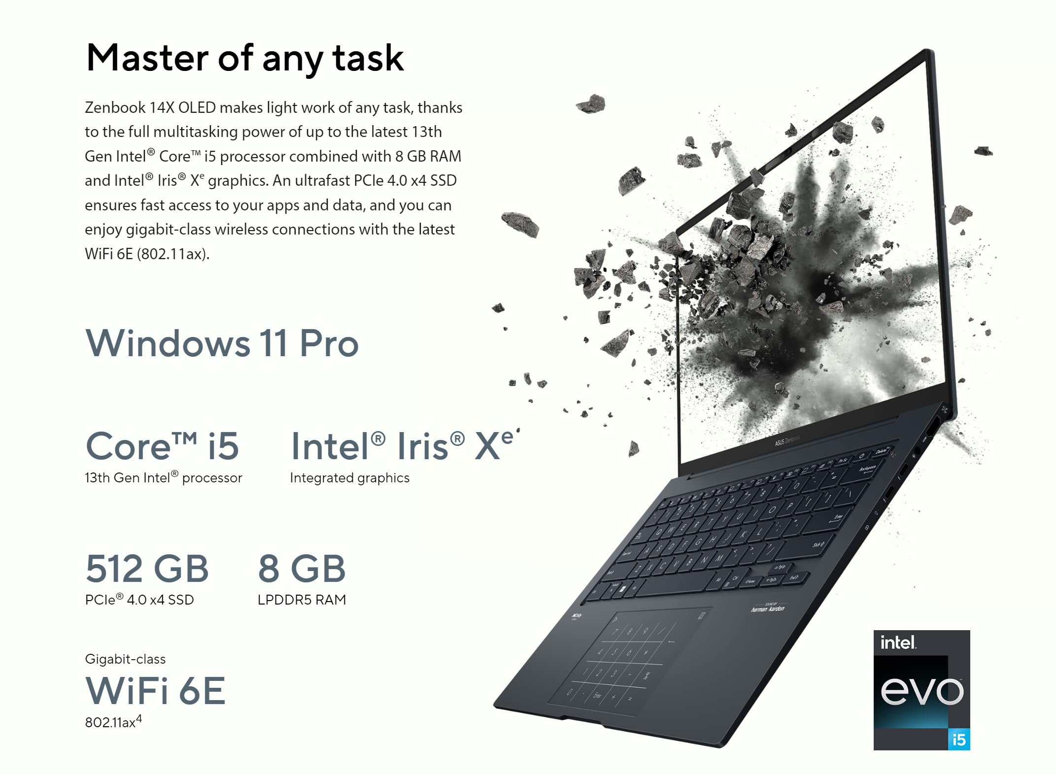 ASUS Zenbook 14.5" 2.8K(2880 x 1800) 120Hz OLED Laptop | EVO 12-Core i5-13500H | 100% DCI-P3 Pantone | WiFi 6E | 2X Thunderbolt 4 | Widnows 11 Home | w/HDMI (8GB LPDDR5 RAM | 512GB PCIe SSD)