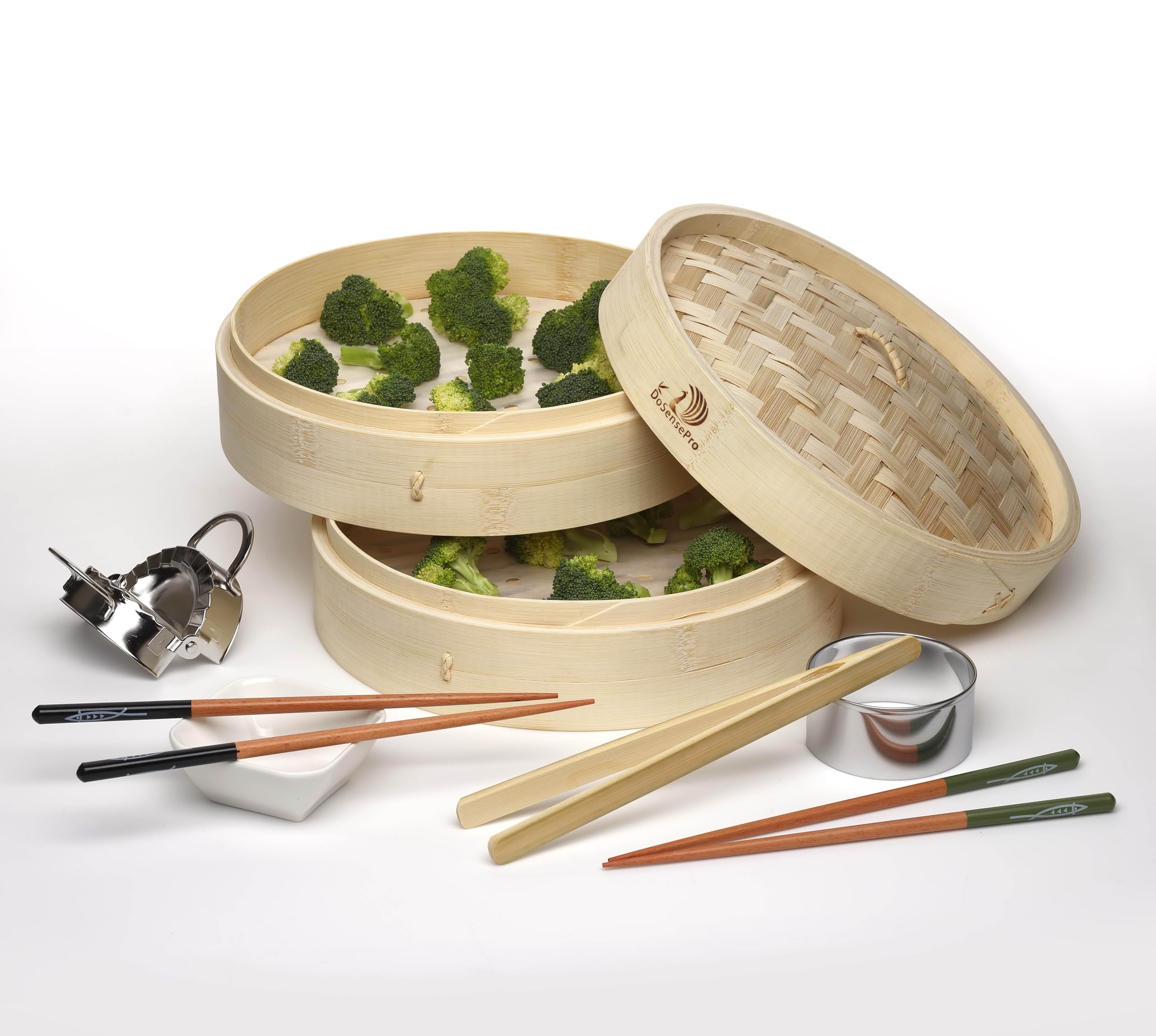 Bamboo Steamer for Cooking 10β -by DoSensePro Includes 2 Tiers, Stainless Steel Dumpling Maker, Liners, Ceramic Dish, and Bamboo Tongs. Dumpling Steamer Basket Cooker for Healthy Low-Fat Diet