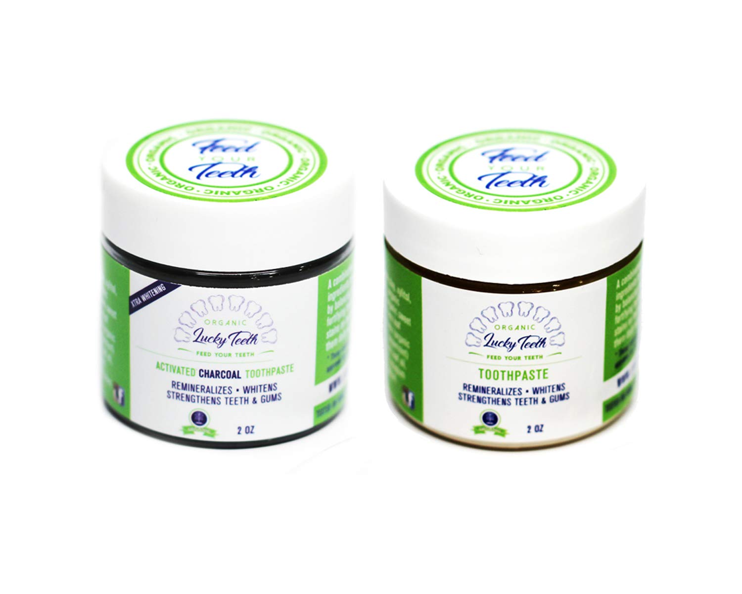 Lucky Teeth Organic Toothpaste- Mixed -Charcoal + Regular (White) -All Natural, Remineralizes and Fortifies Teeth and Gums. (2 Bottles) (2 OZ PET Plastic)