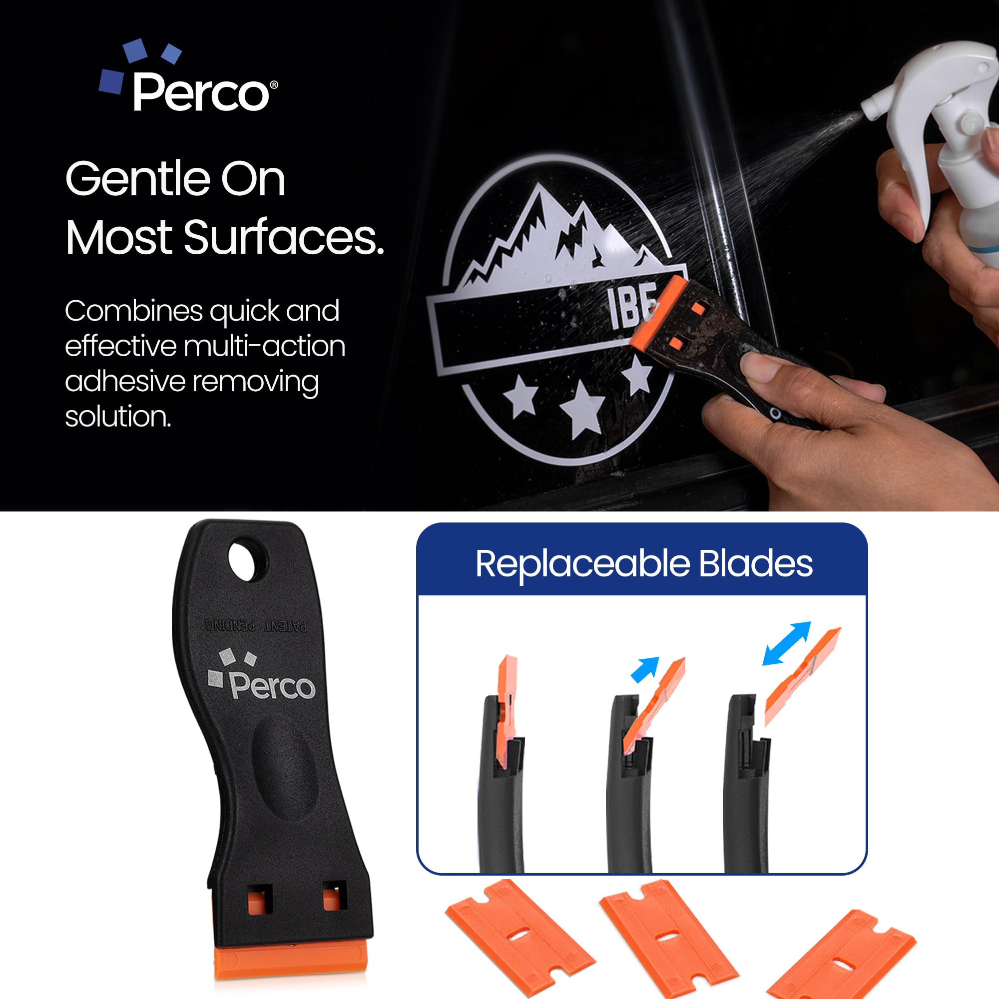Perco Glue Off Adhesive Remover - New Stronger Formula! - 3.3 oz with Scraper & Plastic Razor | Glue Remover Spray Effortlessly Erase Adhesive Hassles & Car Stickers - for Label Sticker Residue