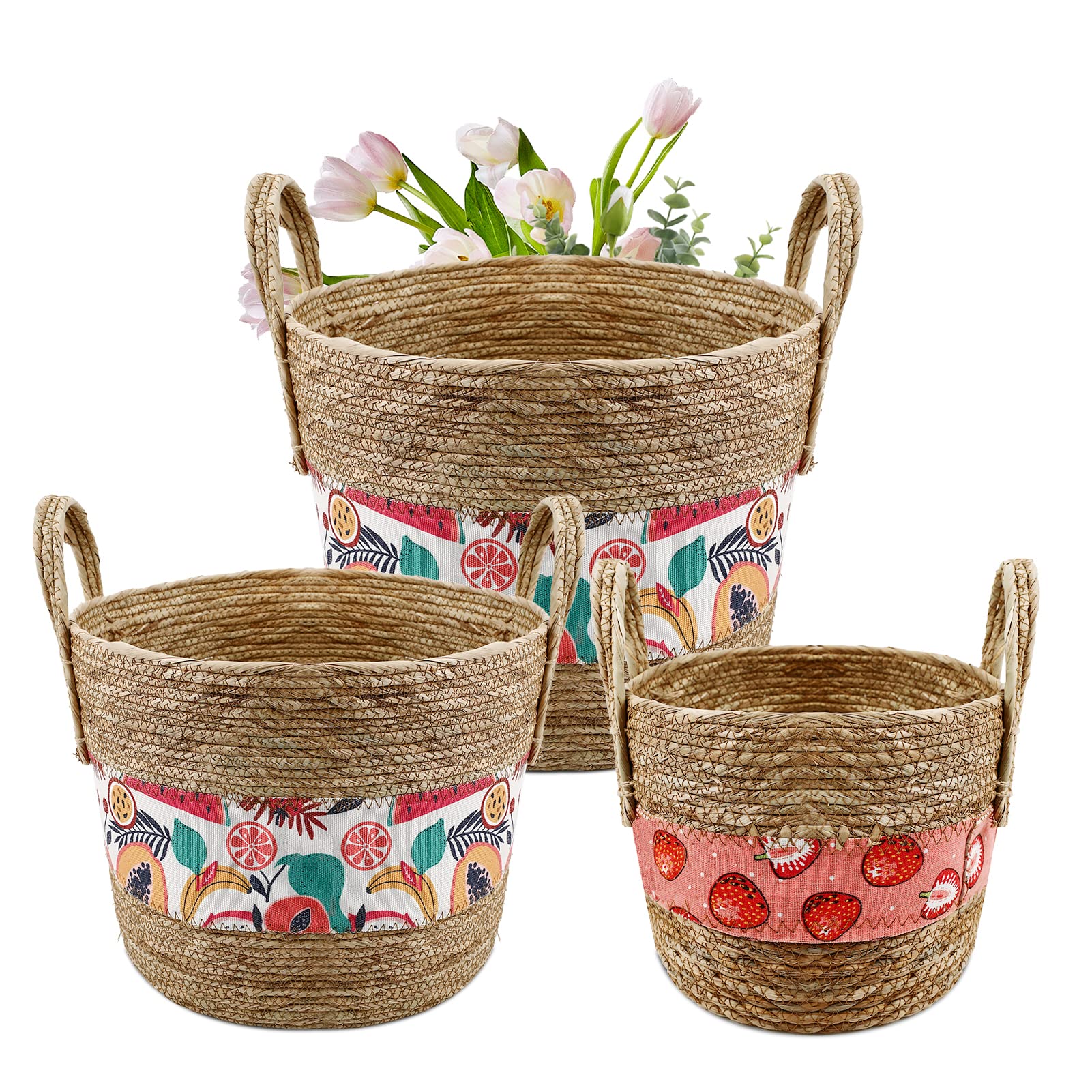 Babion 3 Pack Hand Woven Storage Baskets, Round Woven Baskets for Organizing, Decorative Basket with Handles, Plant Basket, Toy Storage Basket, Storage Baskets Laundry, Picnic, 3 Sizes