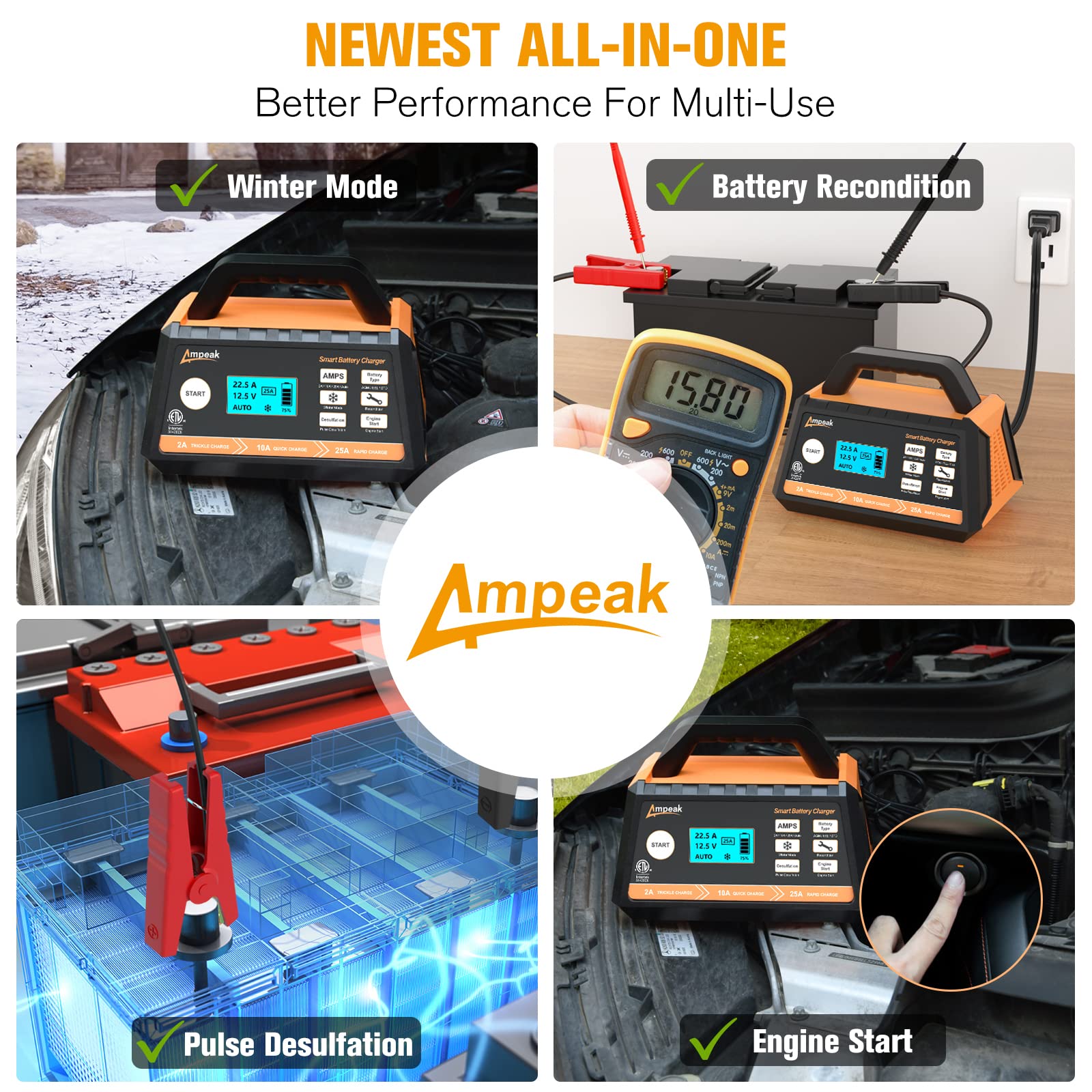 Ampeak 2/10/25 Amp Car Battery Charger, 12V Fully Automatic Smart Battery Maintainer with Engine Start, Battery Recondition, Auto Desulfator