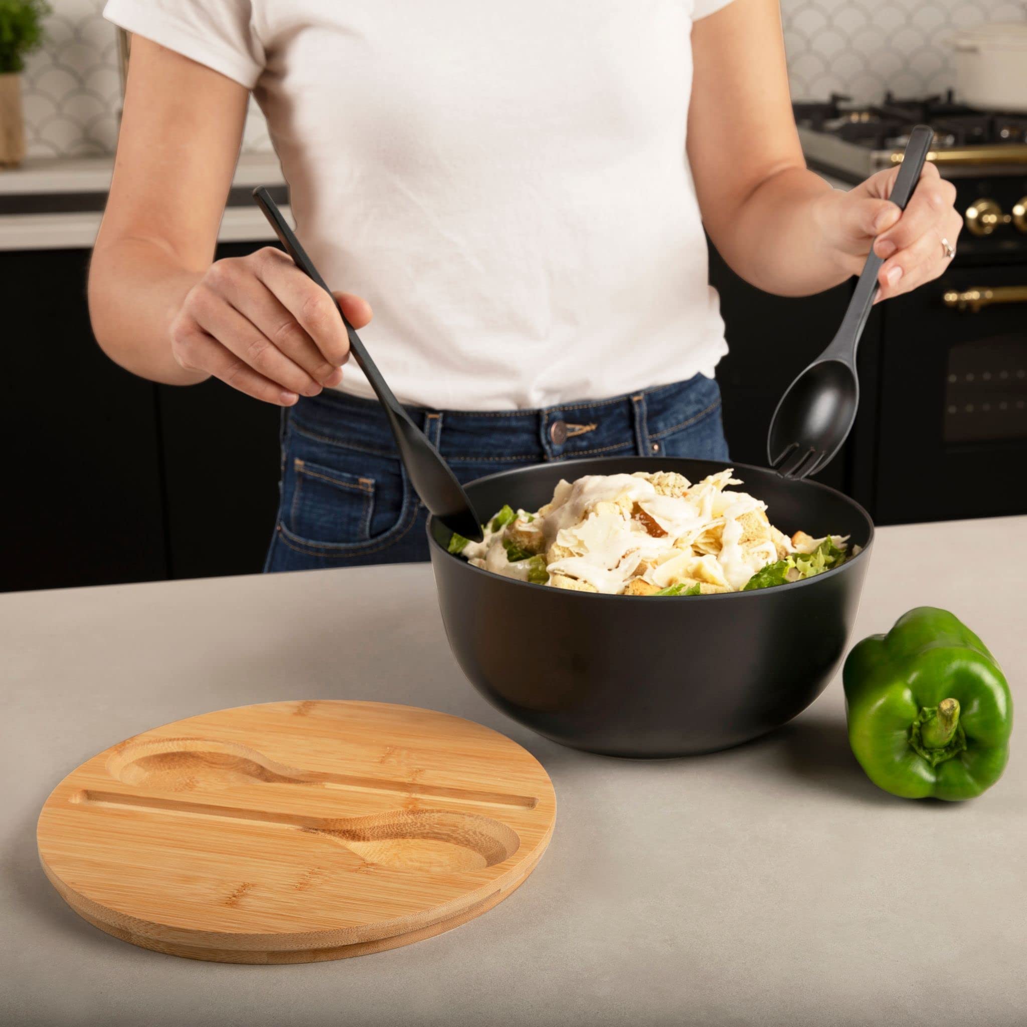 Bamboo Fiber Salad Bowl with Servers Set, 9.8 inches Large Solid Wooden Mixing Salad Bowls With Lid, Fiber Spoon and Fork for Serving for Pasta, Fruits, Vegetables(Black)