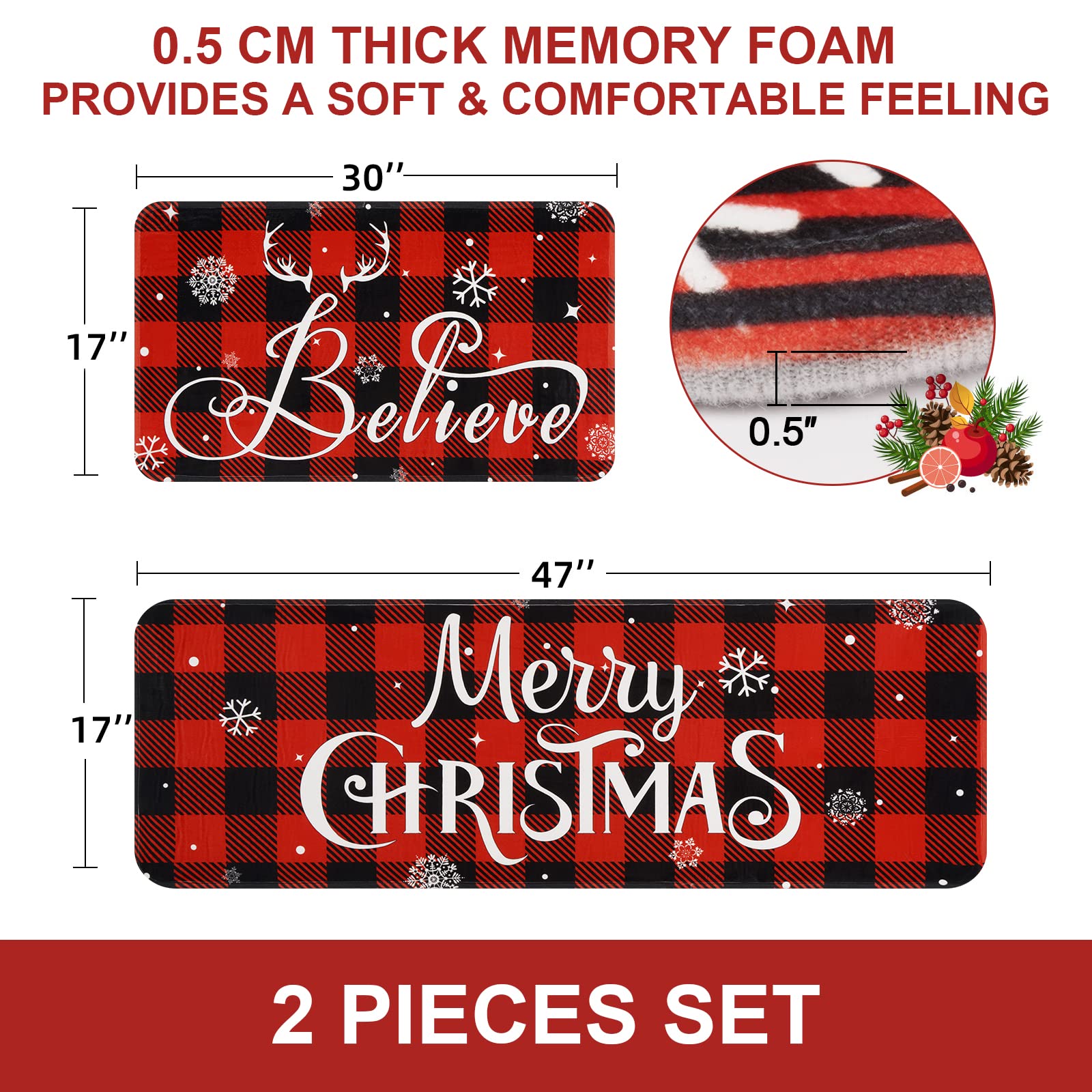 ASPMIZ 2 Pcs Christmas Buffalo Plaid Kitchen Rugs and Mats Set, Absorbent Winter Snowflake Kitchen Mat Cushioned Anti Fatigue, Xmas Decorative Area Rug Set of 2 Washable, 17'' x 47'' + 17'' x 30''