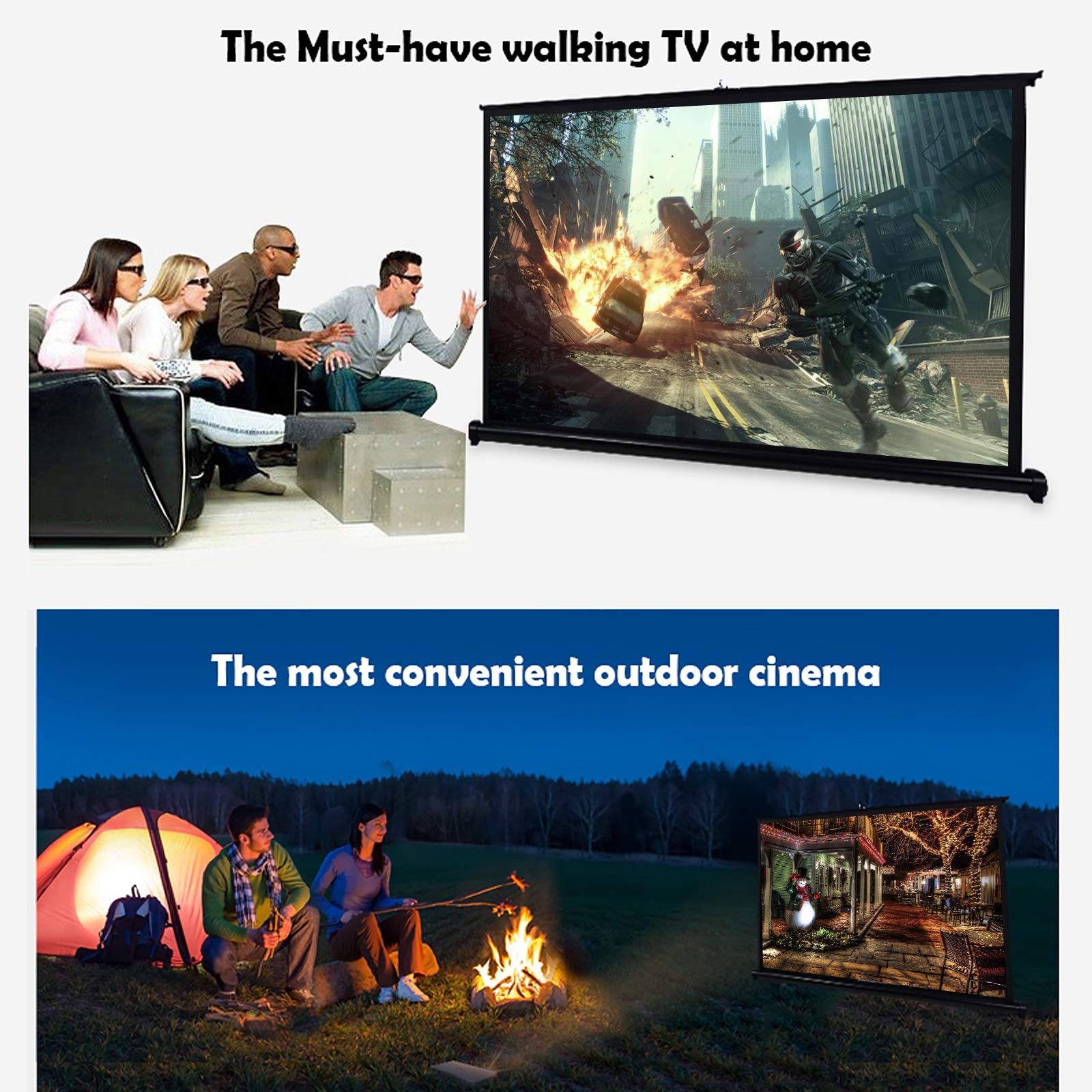 APAINI 50inch Handheld Projector Screen 4:3 Projection Screen Manual Pull Up Folding Projecting Screen Home Theater for DLP Projector