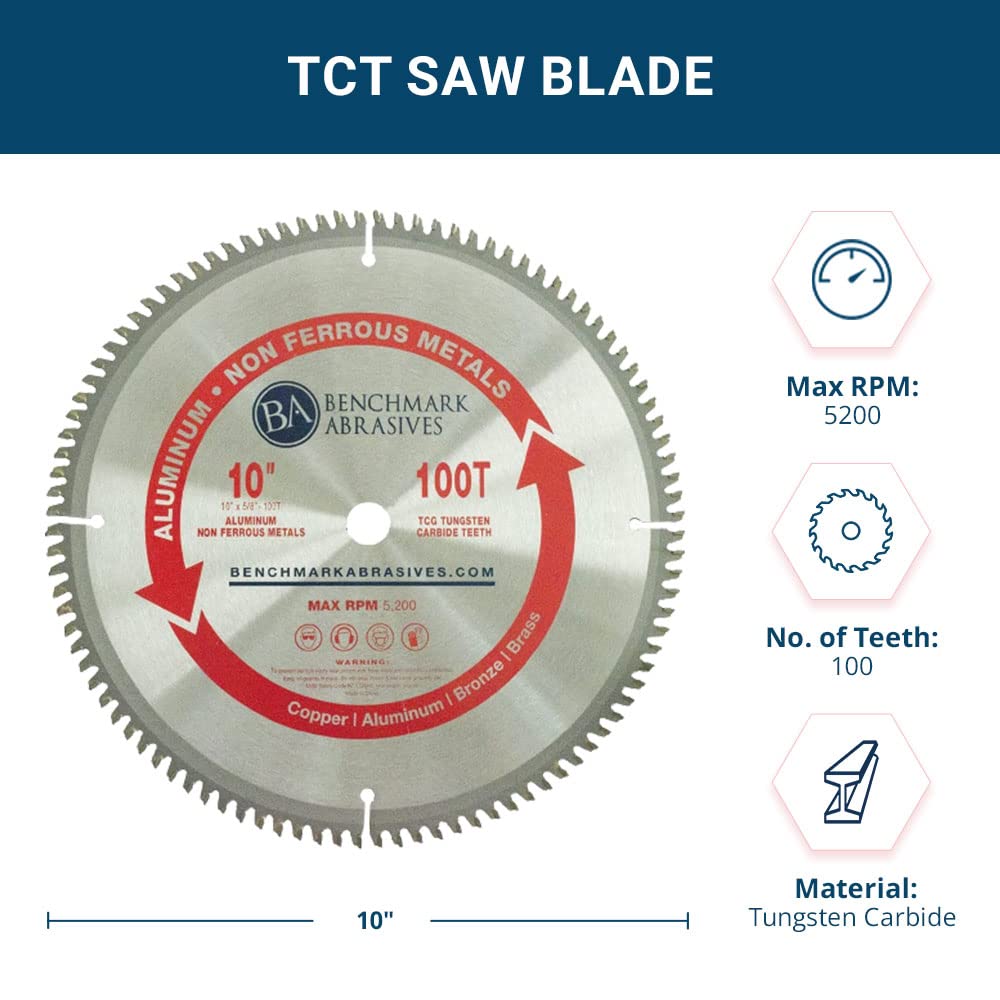 Benchmark Abrasives 10" TCT Saw Blade with 5/8" Arbor, Circular Saw Blades for Cutting Plastic Aluminum Non-Ferrous Metals Fiberglass, Smooth Cutting โ(10" - 100 Teeth)