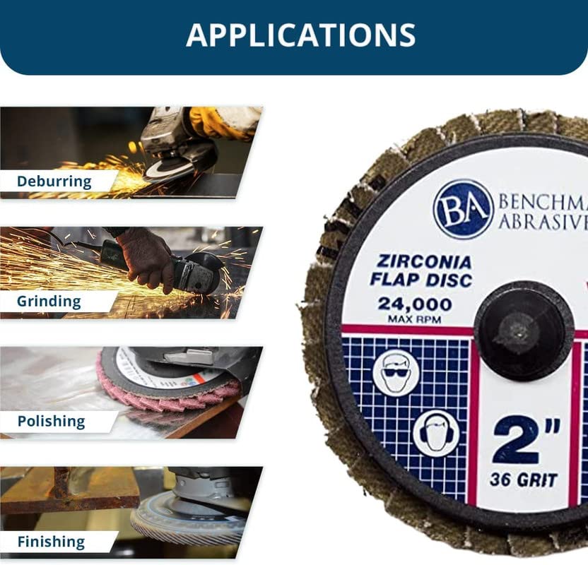 Benchmark Abrasives 2" Quick Change Zirconia Flap Disc Grinding Wheel with Male R-Type Back Design for Cleaning Finishing Deburring of Irregular Surfaces (Pack of 10) - 36 Grit