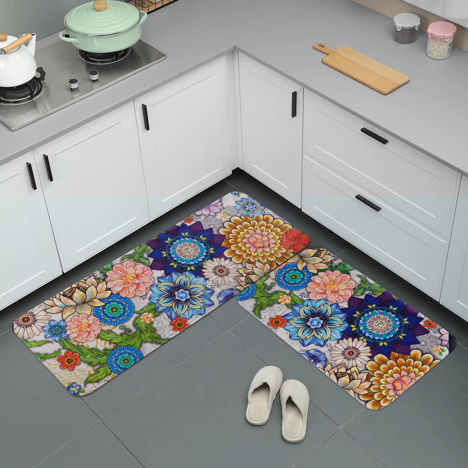 ASPMIZ Boho Kitchen Mat 2 PCS Cushioned Anti-Fatigue Kitchen Rugs Non Slip Memory Foam Kitchen Mats and Rugs Farmhouse Kitchen Comfort Floor Mats for Home & Office, 18'' x 48'' + 18'' x 30'', Bohemian