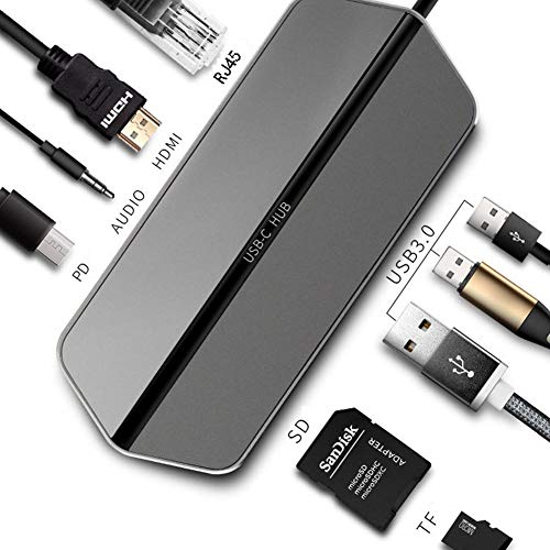 XUNMAIFHB Portable Docking Station,9-in-1 Multi-Function Type-C Docking Station HUB USB-c HDMI Female, USB3.0, Gigabit Network Card, SD Card, TF Card, 3.5MM Audio Interface Fast Transmission
