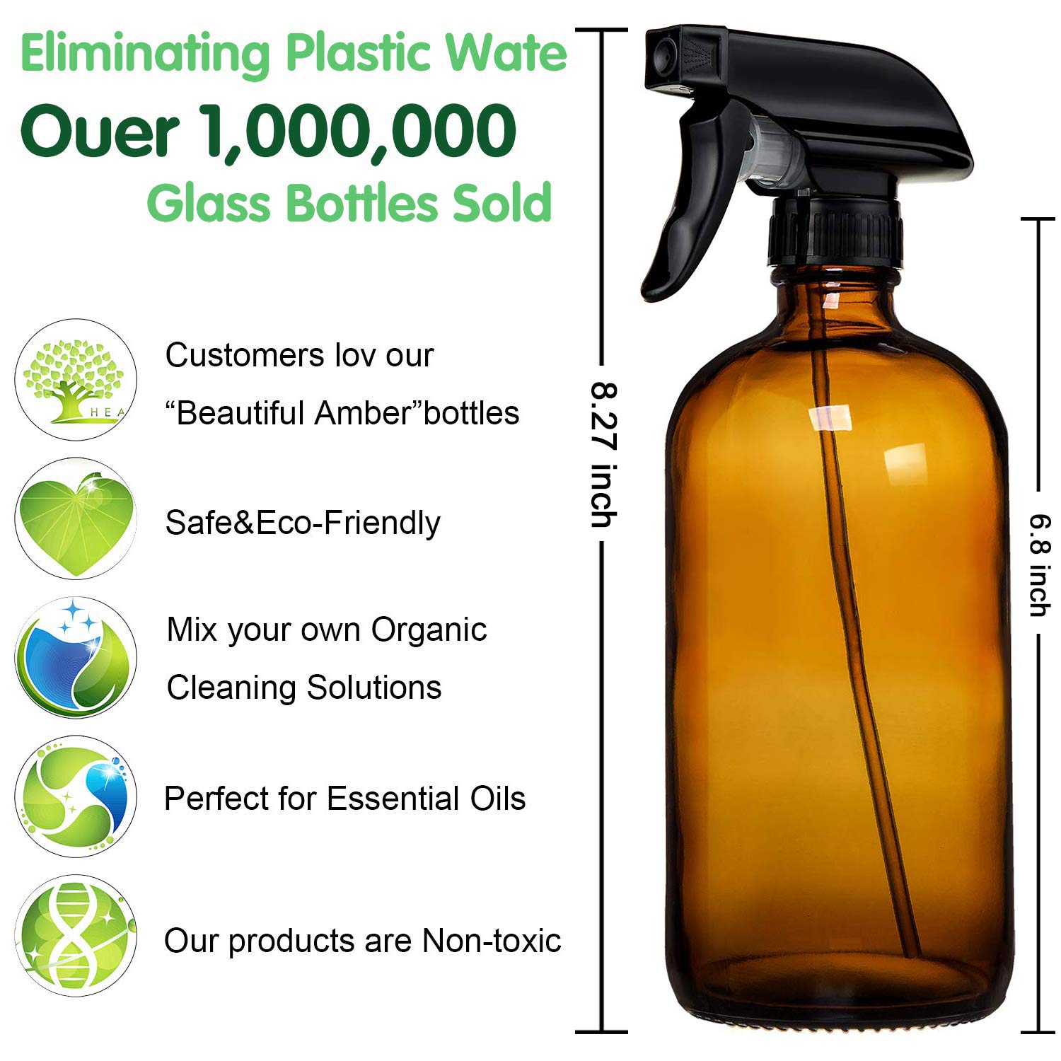 Amber Glass Spray Bottles 16 oz Pump Bottle (2 Pack) Refillable Cosmetic Containers Brown Mist & Stream Mister for Essential Oil Products Shampoo Soap Cleaning Bottles Or Aromatherapy Sprayer Plant
