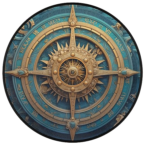Blue Compass Rose Round Rug 5ft, Round Area Rug Ocean Nautical Non-Slip Circle Rug Indoor Floor Mat Carpet for Bedroom Living Room Kitchen Decor, 5' x 5' Round