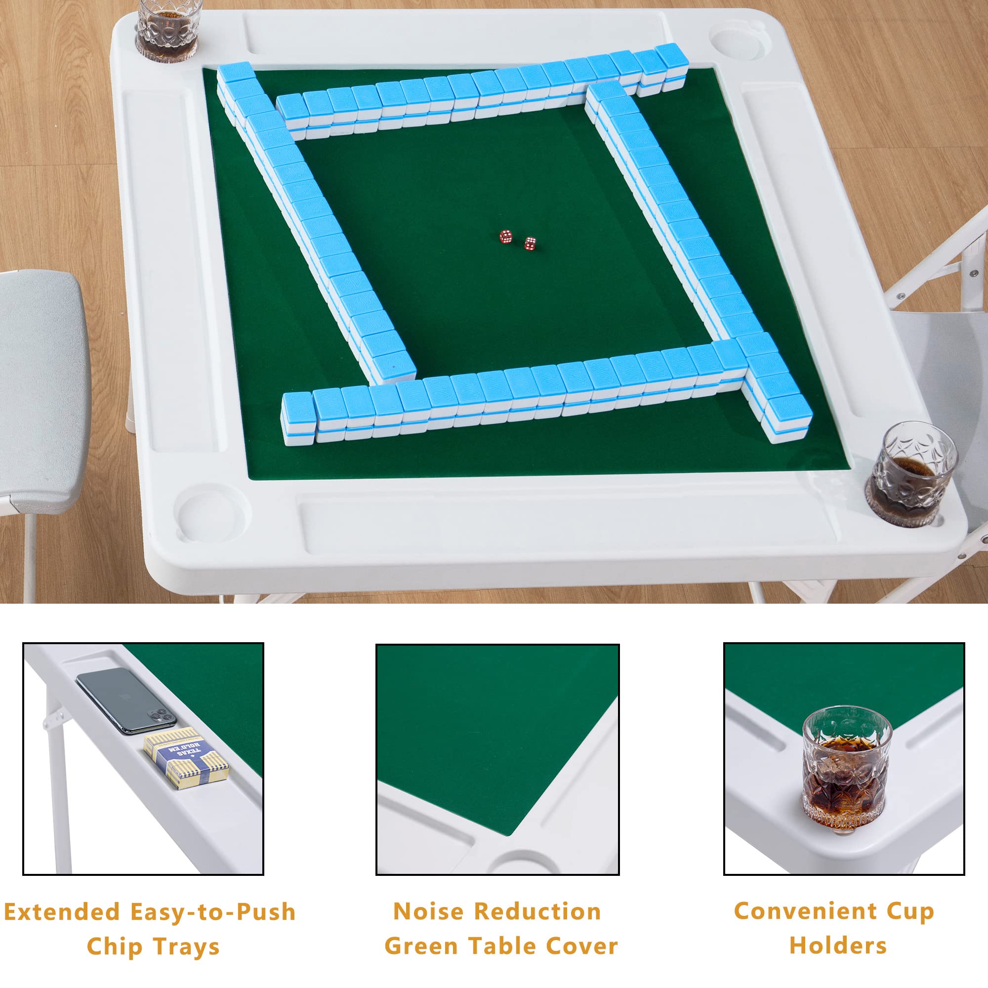 Allpop 35.4’’ Folding Mahjong Table, Square 4 Player Card Game Table with Longer Chip Trays, Cup Holders & Green Professional Tabletop for Domino, Poker, Jigsaw Puzzles