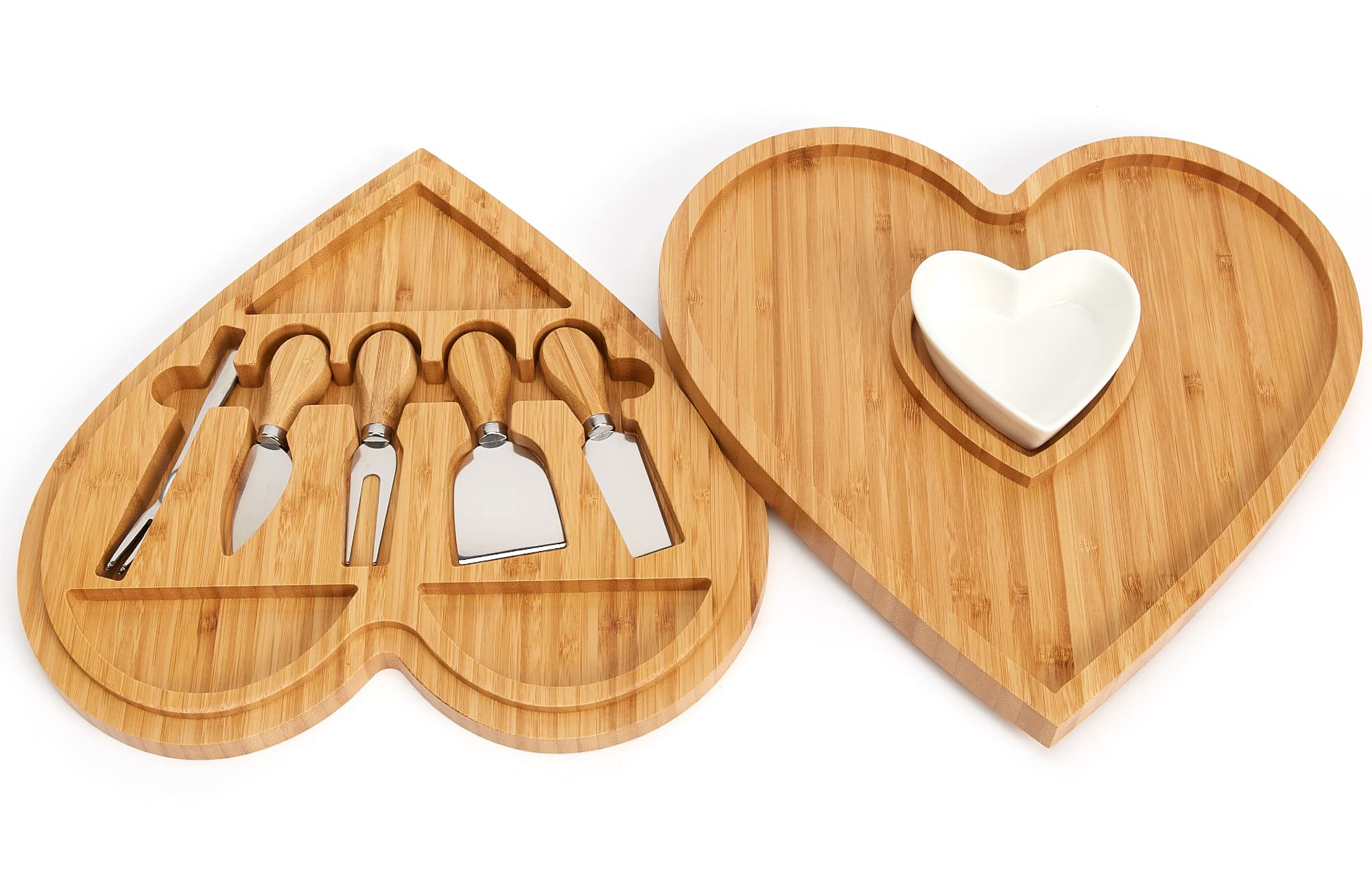 Bamboo Heart Charcuterie Board Set with knife set β Cheese Tray for Serving Cheese, Crackers, and Appetizers at Parties β Best gift for weddings birthdays valentines, anniversaries, and much more