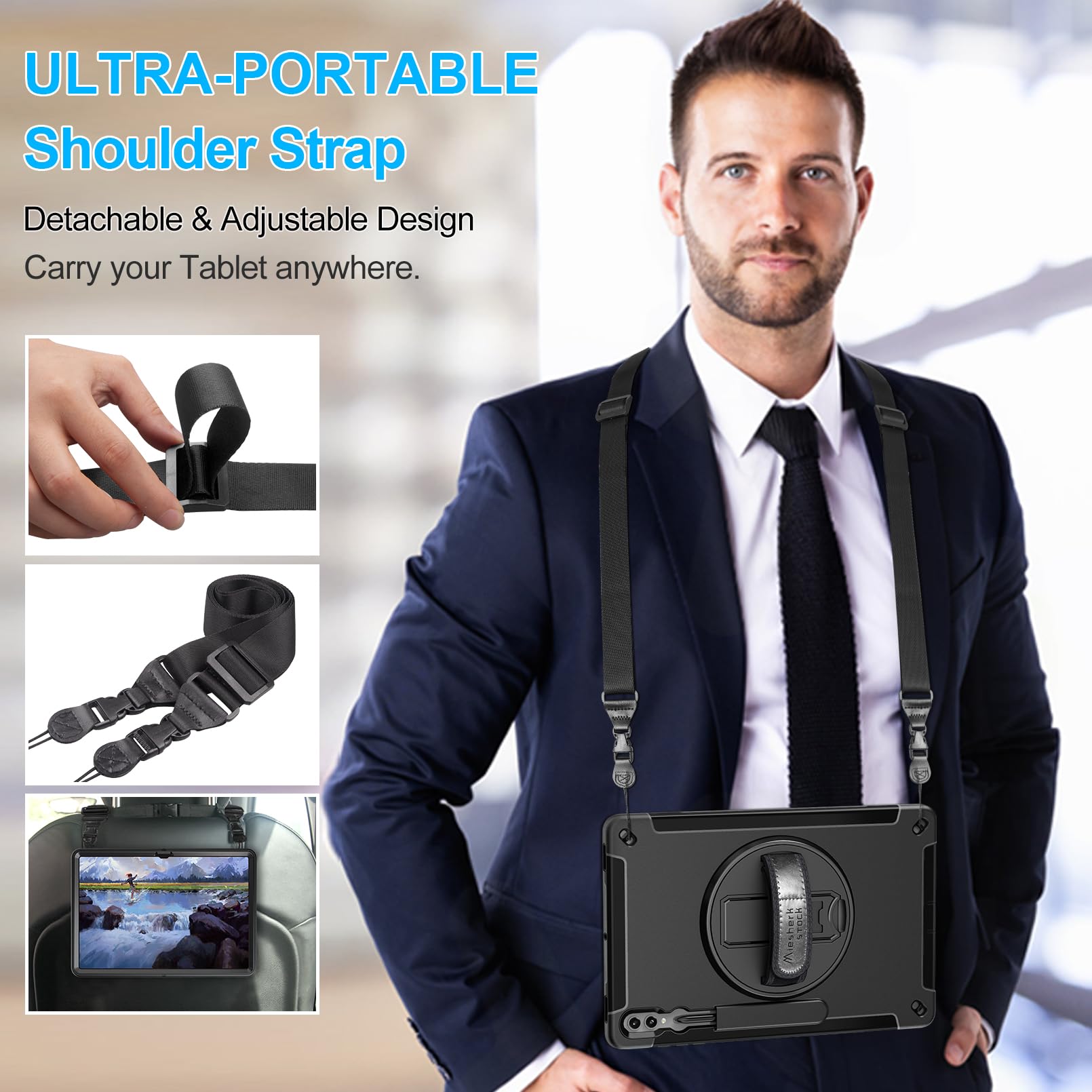 Case for Samsung Galaxy Tab S10 Ultra 2024: 3-Layer Rugged Military Grade Shockproof Case for Tab S9 Ultra/S8 Ultra 14.6 '' W/360° Swivel Stand - Handle - Shoulder Strap - S Pen Holder(Black+Black)
