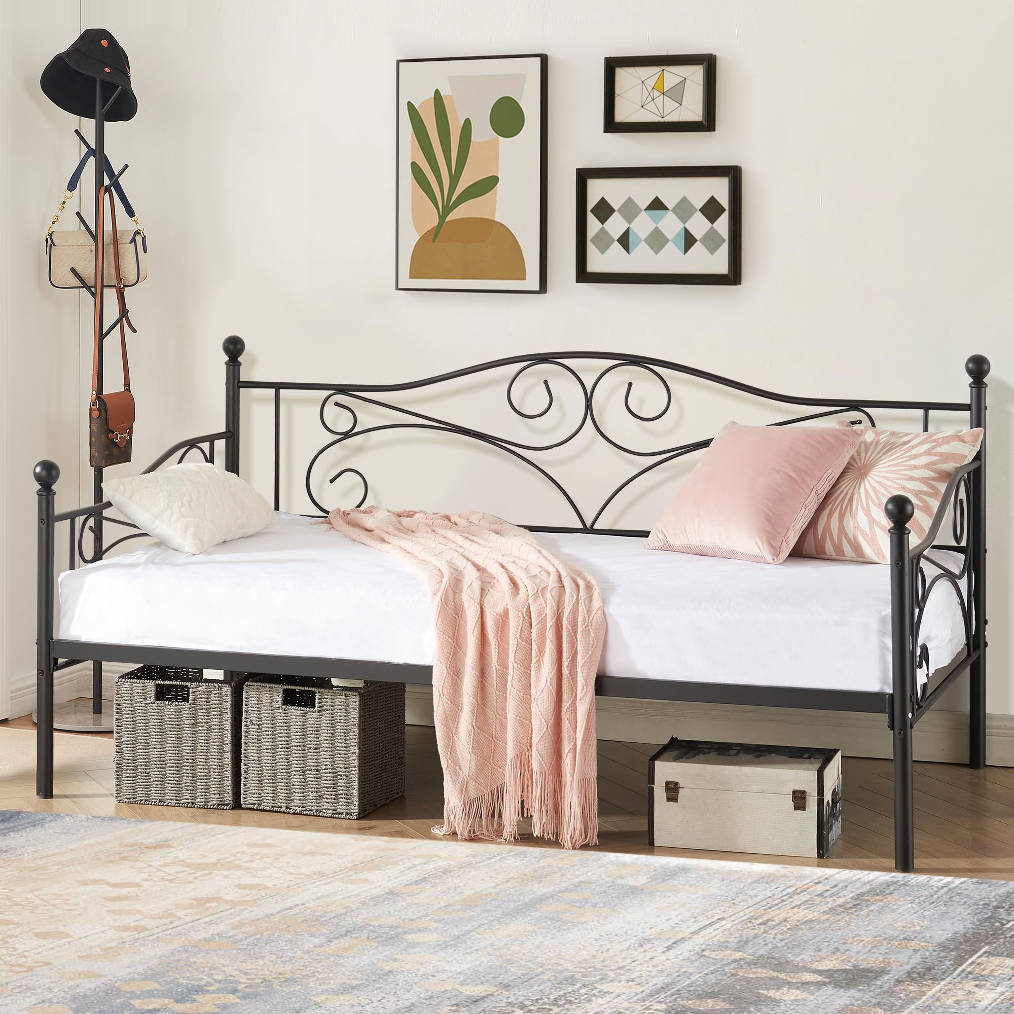 VECELO Daybed Frame, Twin Size Metal Platform Bed with Headboard,Heavy Duty Steel Slats Support for Living Room Bedroom Guest Room, Easy Assembly