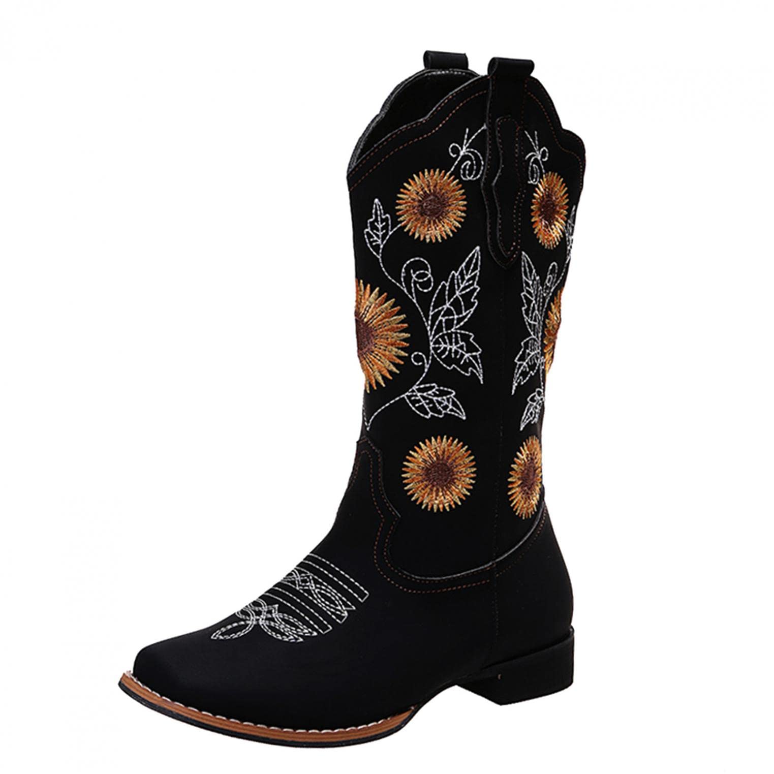 AODONG Boots for Women Sunflowers Embroidery Cowboy Boots Mid Calf Chunky Heel Retro Square Toe Pull On Boots Western Shoes 33-black 9.5-10
