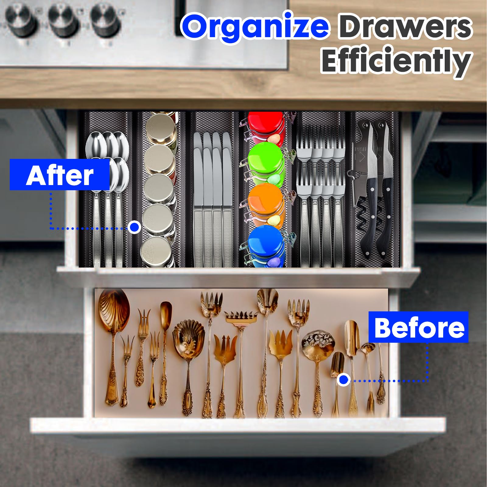 Barelove Silverware Drawer Organizer for Kitchen Drawers, 6 Pcs Mesh Utensil Holder Cutlery Storage Tray with Interlocking Arm for Flatware Knives Forks Spoon Home Office Desktop, 12x3x2 Inch, Black