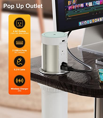 Automatic Pop Up Power Outlet with Wireless Charger, Retractable Recessed Power Strip, 4 AC Outlets and 2 USB Ports, Glass Finish, for Kitchen Countertops Office Table Workshop, White