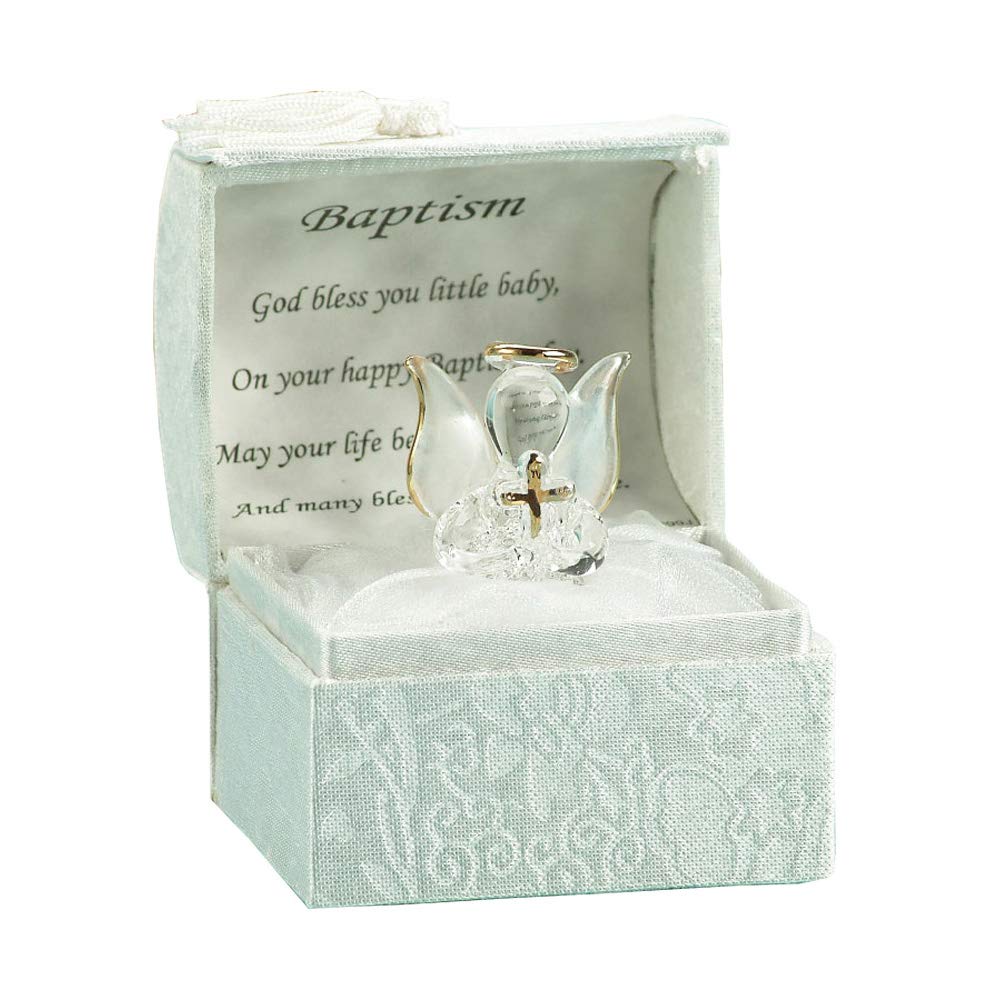 Baptism Crystal Angel with Cross & Beautiful Poem on 22kt Gold White Patterned Satin Fabric
