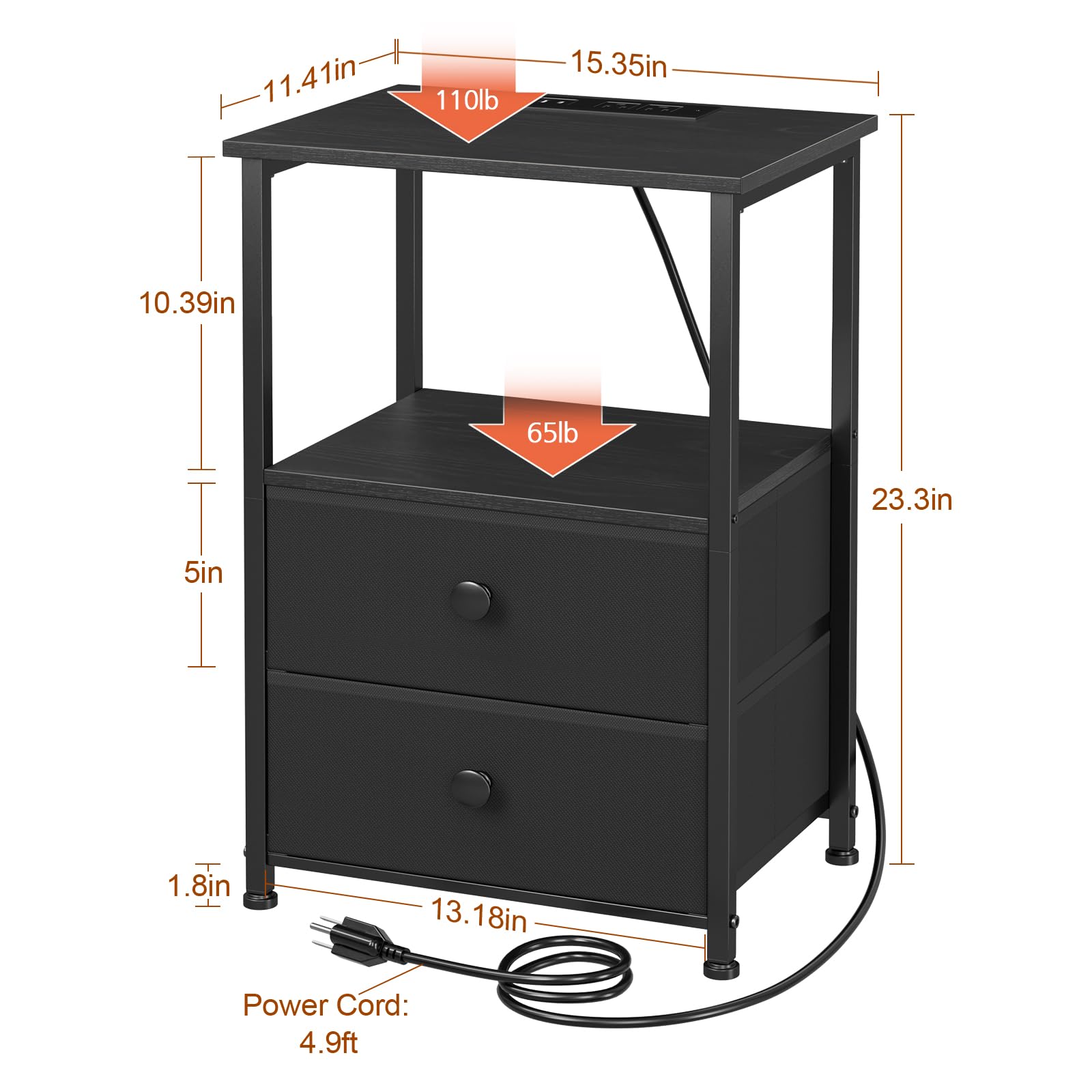 LOAKEKEL Night Stand Set 2, LED Nightstand with Charging Station, End Tables with Storage Shelf for Small Spaces, Bedside Table Side Tables with 2 Fabric Drawers for Bedroom Bedroom HETS02BR