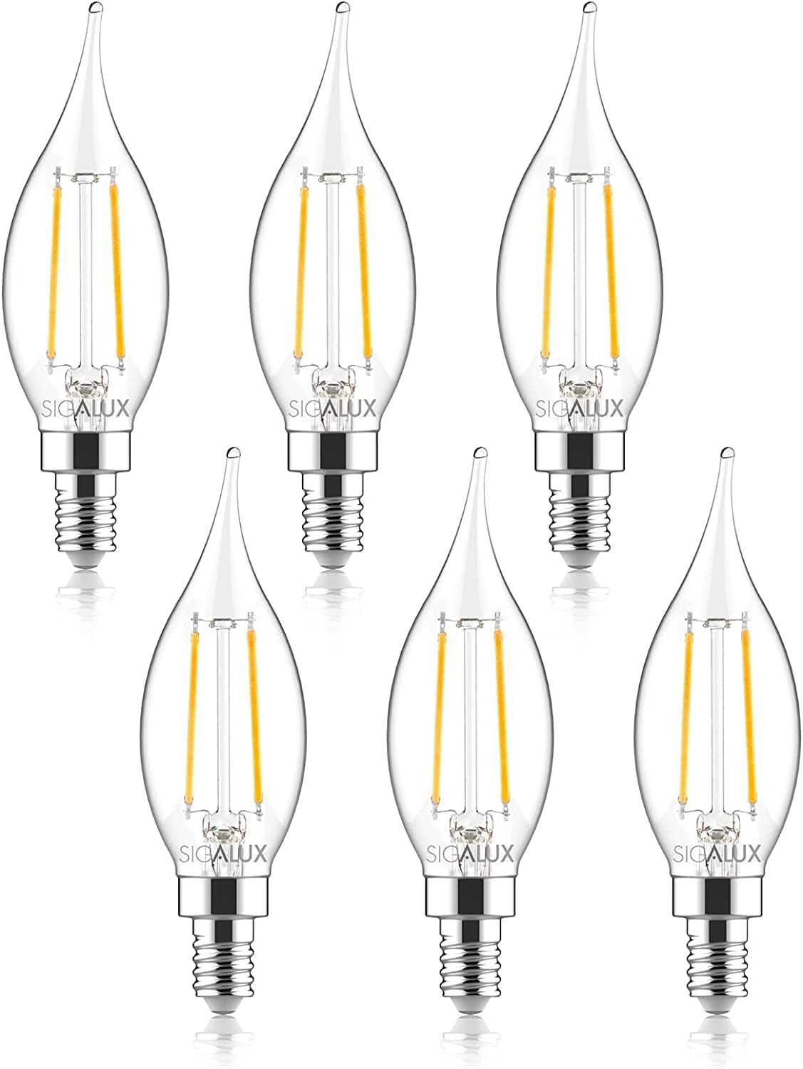 E12 Candelabra LED Light Bulbs Dimmable 60W Equivalent LED Chandelier Light Bulbs 4.5W Soft White 2700K 500LM CA10 Flame Tip Vintage LED Filament Candle Bulb with Decorative Candelabra Base, 6 Packs