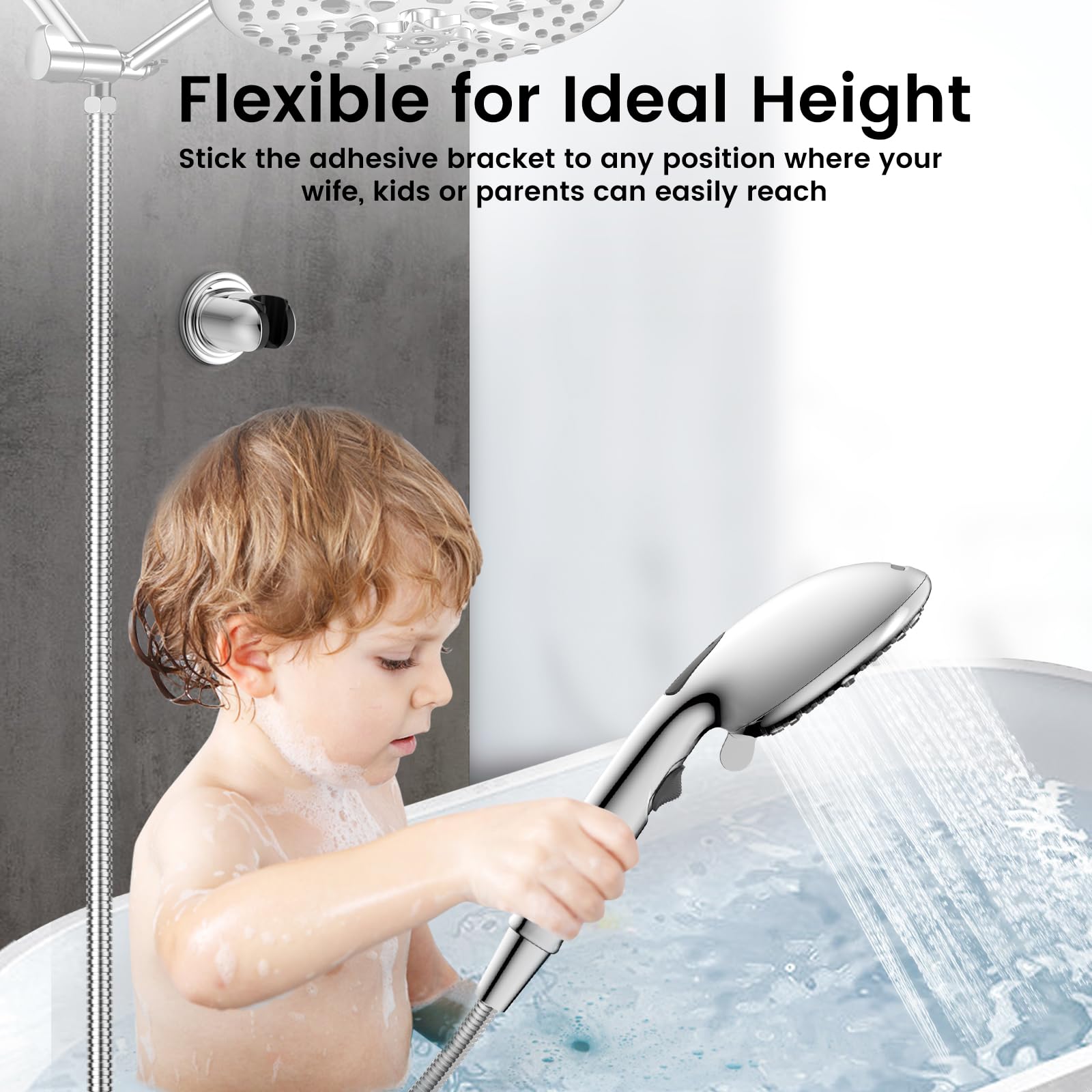 FEELSO Shower Heads with Handheld Spray Combo with ON/OFF Pause Switch, 10" High Pressure Rain 7 Settings Showerhead with 11" Adjustable Extension Arm, 9 Functions Anti-clog Handle Set with Power Wash
