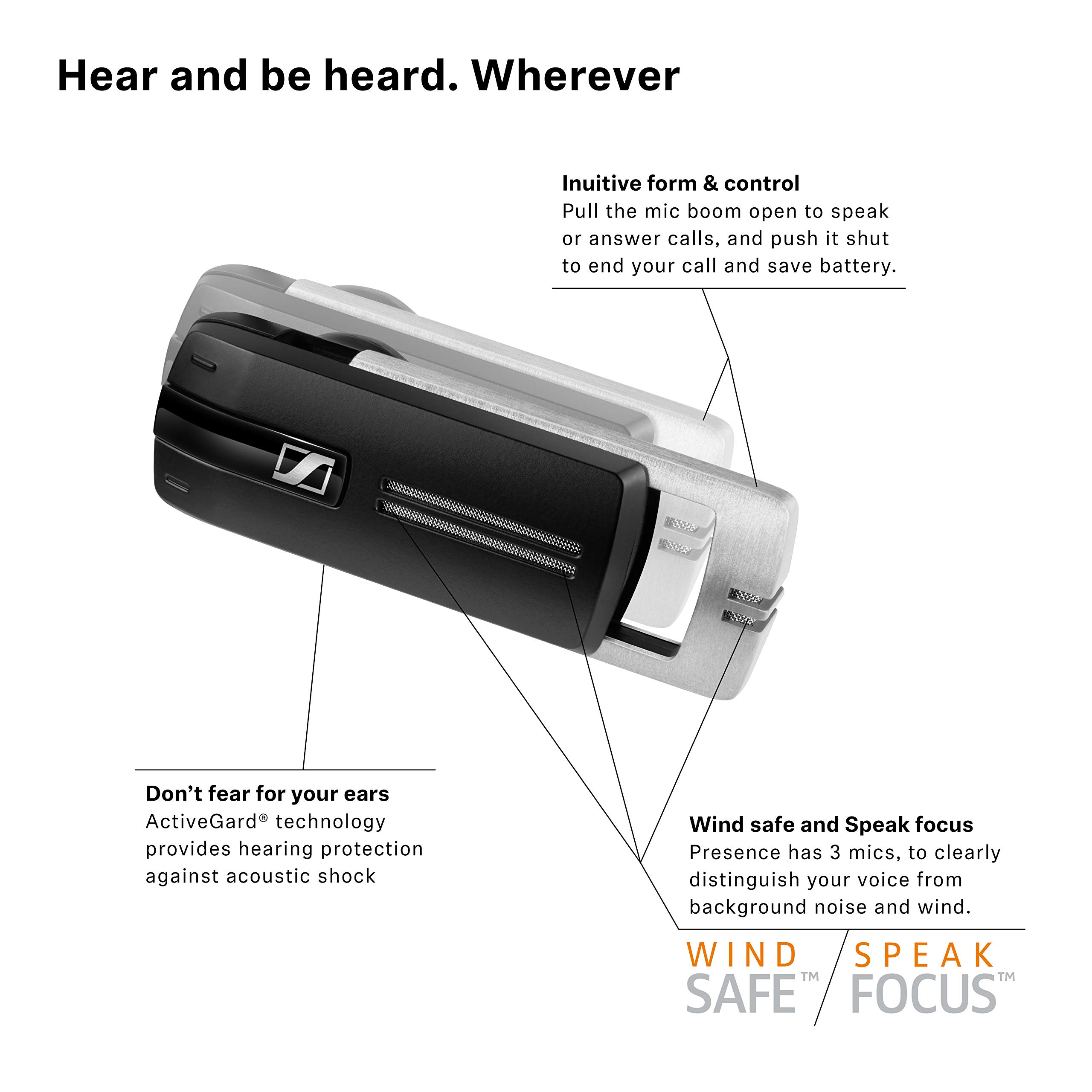 Sennheiser Presence UC (504576) - Dual Connectivity, Single-Sided Bluetooth Headset for Mobile Device & Softphone/PC Connection, with Carrying Case and USB Dongle, Major UC Platform Compatible (Black)