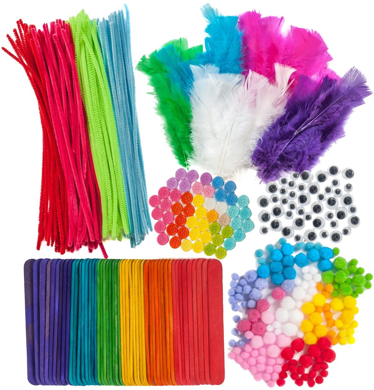 Crafts Supplies Mega Pack - Includes Feathers. Craft Buttons, Pom Poms, Colored Popsicle Sticks, Googly Eyes, and Chenille Stems