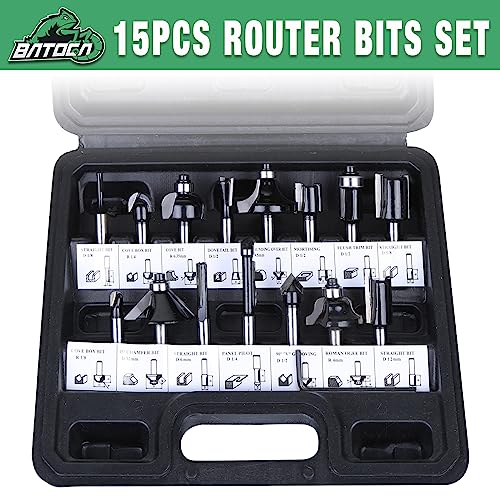 BATOCA 1/4“ Shank Router Bits Set of 15 Pcs, Tungsten Carbide Router Bits Set for Woodworking Project, Solid Woods, Hard Woods, Chipboard, MDF, DIY, and Carpenter