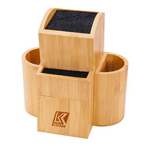 Bamboo Universal Knife Block Two-Tiered Slot-Less Wooden Knife Stand, Knife Organizer & Holder - Convenient Safe Storage for Large & Small Knives & Utensils - Easy to Clean Removable Bristles