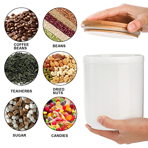 AVLA 3 Pack Ceramic Food Storage Jars with Bamboo Lids, 36 FL OZ White Kitchen Canisters Airtight Container for Serving Ground Coffee, Cookie, Tea, Sugar, Salt, Spices, Flour