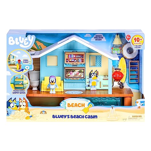 BLUEY Beach Cabin Playset, with Exclusive Figure with Goggles. Includes 10 Play Pieces and Sticker Sheet