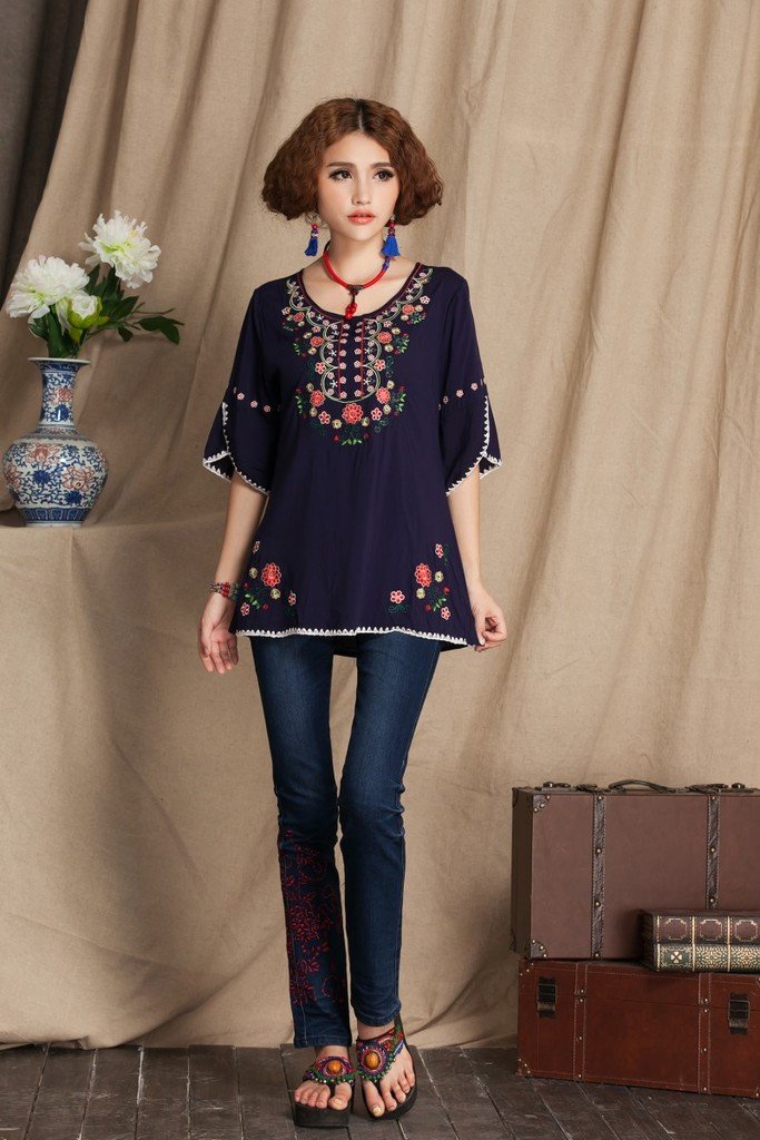 Ashir Aley Bell Sleeve Womens Girls Embroidered Cotton Peasant Tops Mexican Bohemian Shirts Blouses (L,Navy Blue)