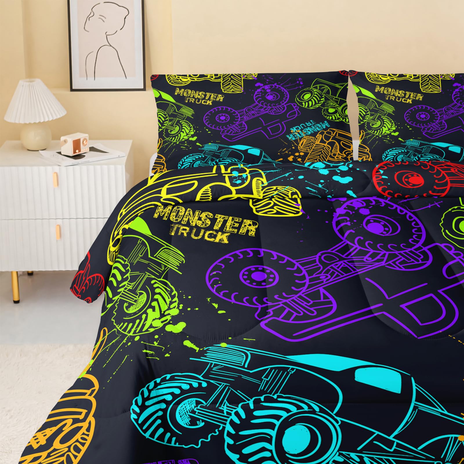 QOOMO Truck Comforter Set for Kids Teens Boys,Neon Truck Kids Comforter,1 Comforter with 2 Pillowcase, Microfiber 3 Piece Bedding Set,Soft and Lightweight(Black,Twin Size)