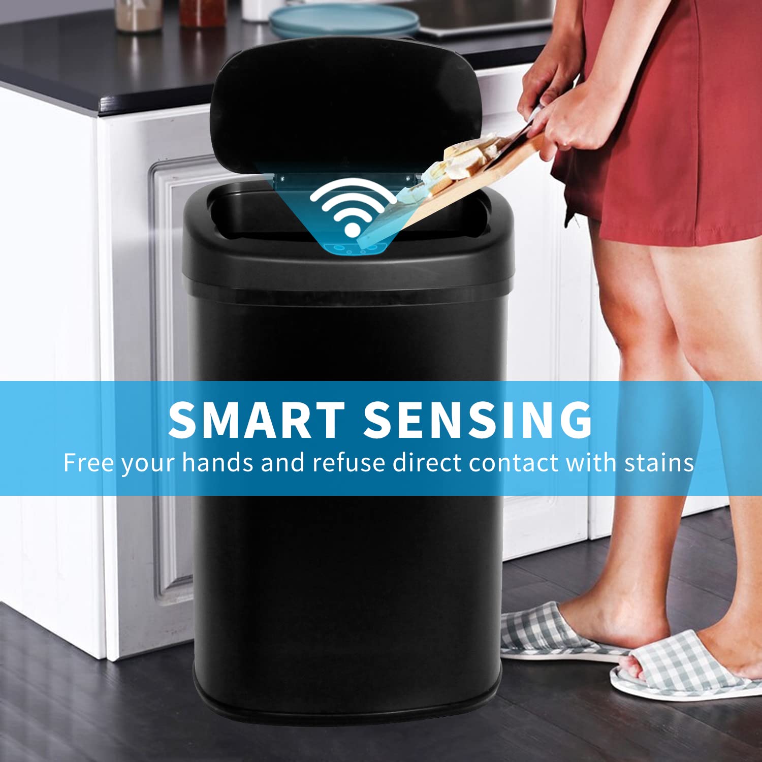 BLKMTY 13-Gallon Kitchen Trash Can 50L Stainless Steel Garbage Can Tall Automatic Trash Bin Touchfree Trash Cans Motion Sensor Garbage Bin Metal Waste Bin with Lid for Office Bathroom, Black