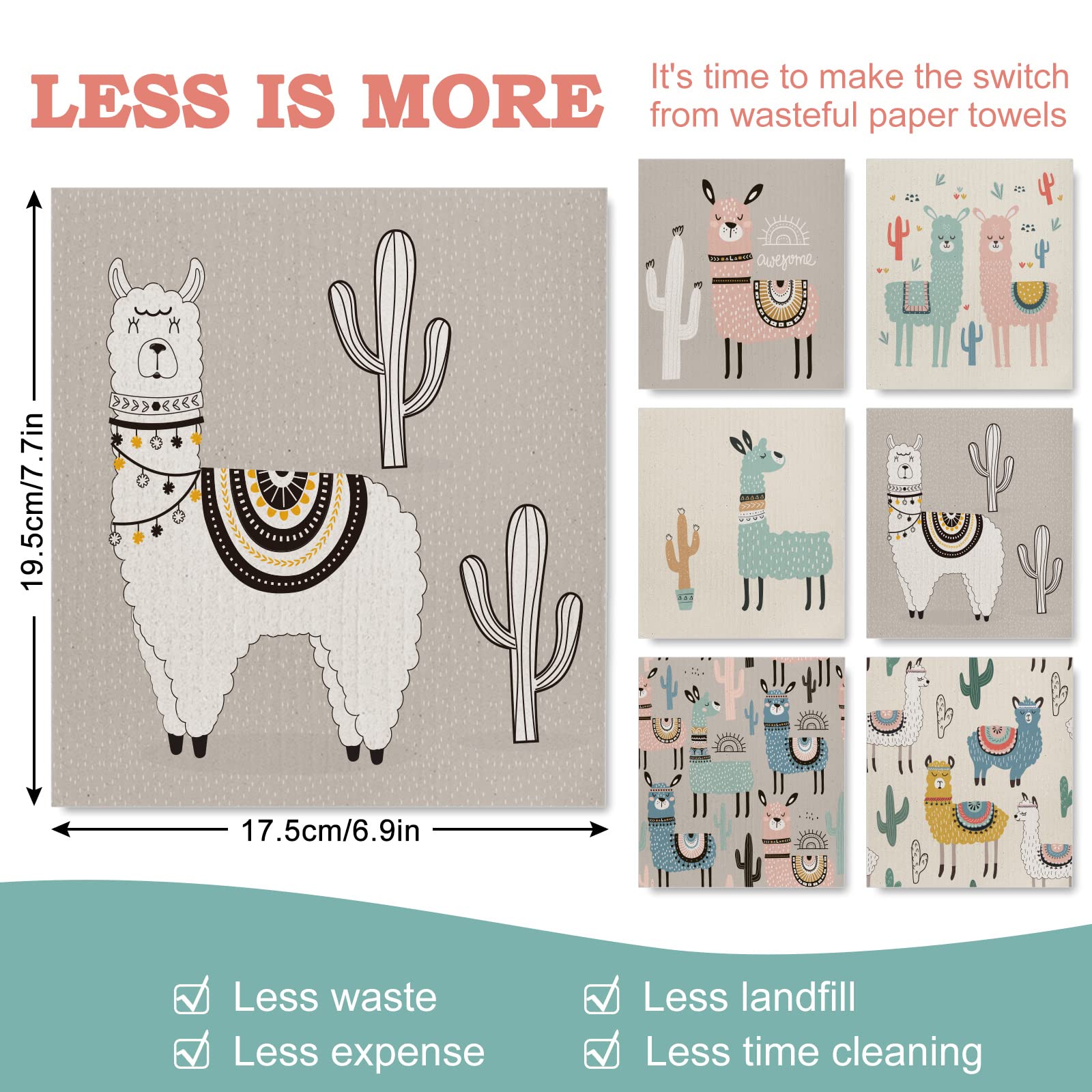 AnyDesign Alpaca Swedish Kitchen Dishcloth Cute Animal Absorbent Cotton Kitchen Towel Cleaning Dishcloths for Party Home Housewarming Cleaning Counter Wipes, 7 x 8 Inch, 6Pcs