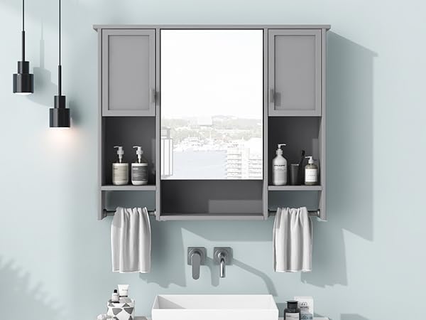Merax Bathroom Medicine Cabinet with Mirror, Wall Mounted Bathroom Storage Cabinet with Mirror Door & Open Shelf, Over The Toilet Space Saver Storage Cabinet with Towel Rack (Grey Medicine Cabinet)