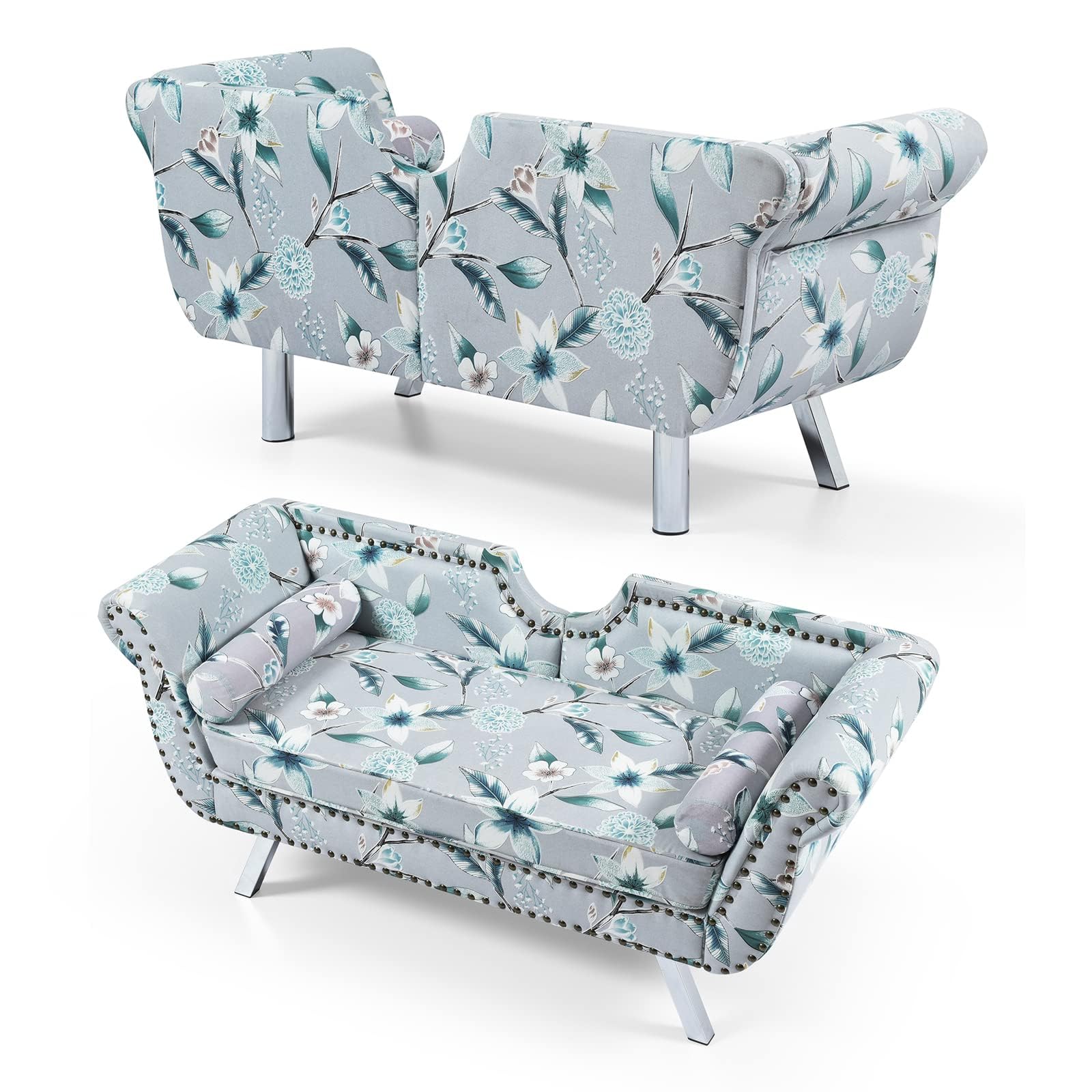 TMEOSK 61”Velvet Loveseat Accent Couch Sofa with 2 Pillows, Modern Upholstered Sleeper Sofa with Removable Cushion and Nailhead Trimming for Living Room Bedroom Apartment (Flower)