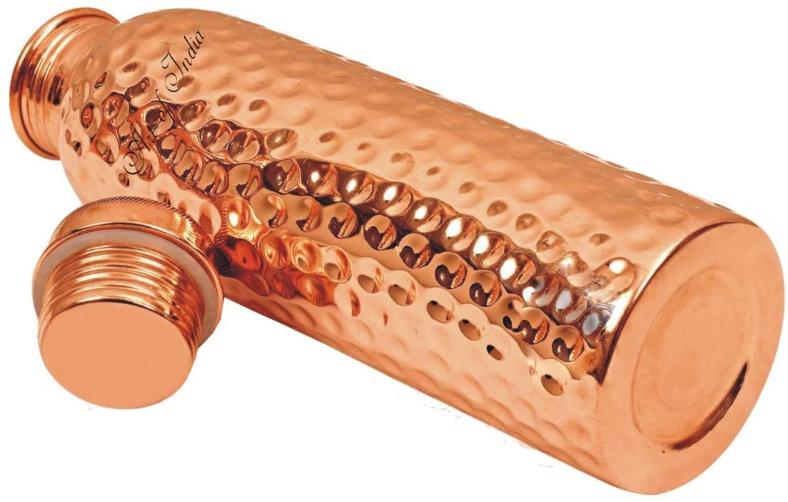 Arts Of India Pure Copper Water Bottle, Drink ware Set, Capacity 1000 ML, Set of 2 ((HAMMERED 2)