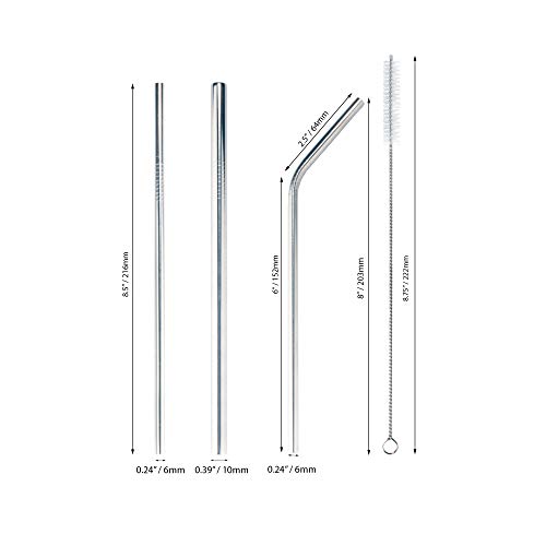 BambooMN Reusable Stainless Steel Metal Drinking Straws - 8" Bent Straws w/ 1x Cleaning Brush - 6 Pack