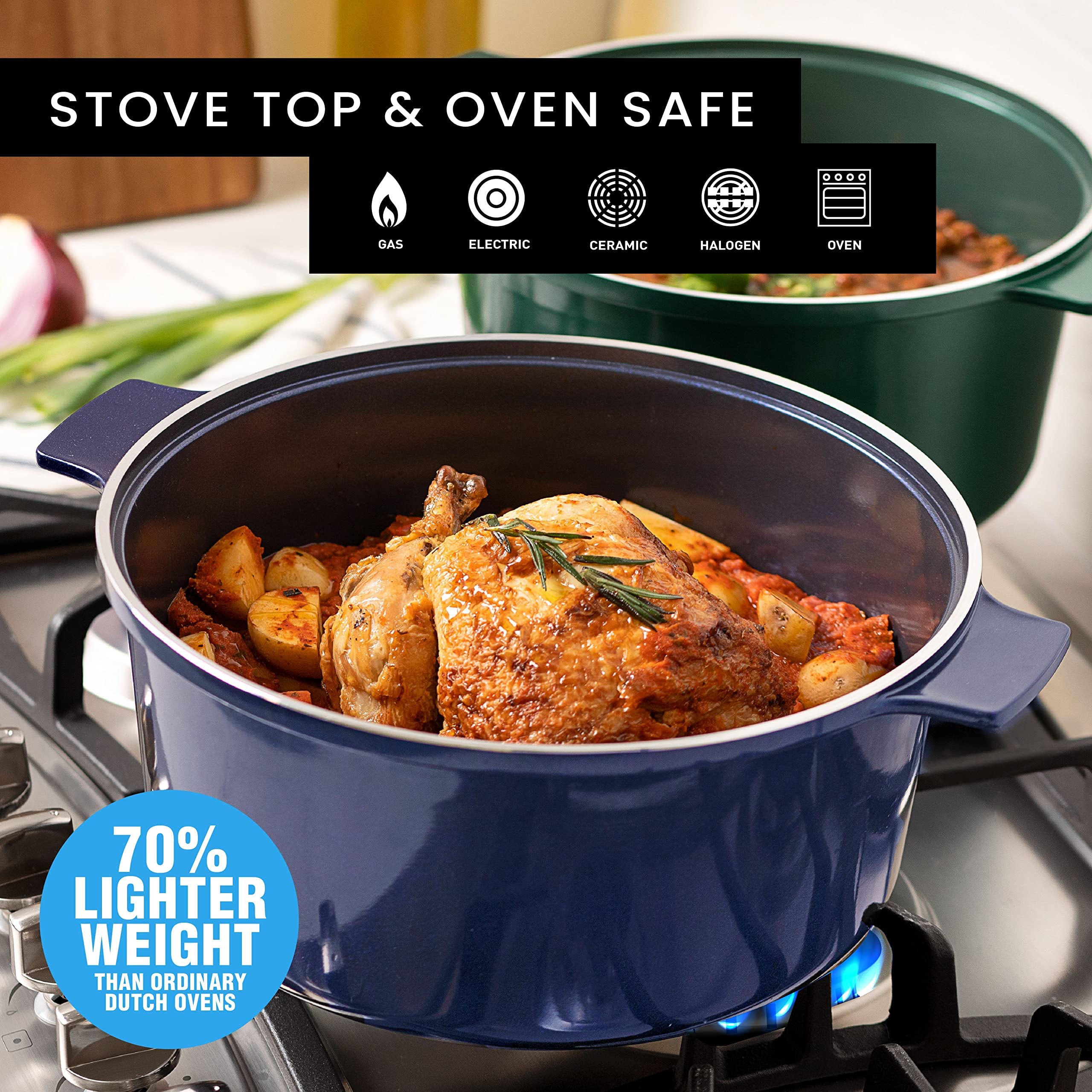 Granitestone Lightweight 6.5 Qt Dutch Oven Pot with Lid, Nonstick Dutch Oven Set, 10 in 1 Enamel Stock Pot/Cooking Pot & Dutch Oven for Sourdough Bread Baking, Oven/Dishwasher Safe - Cobalt
