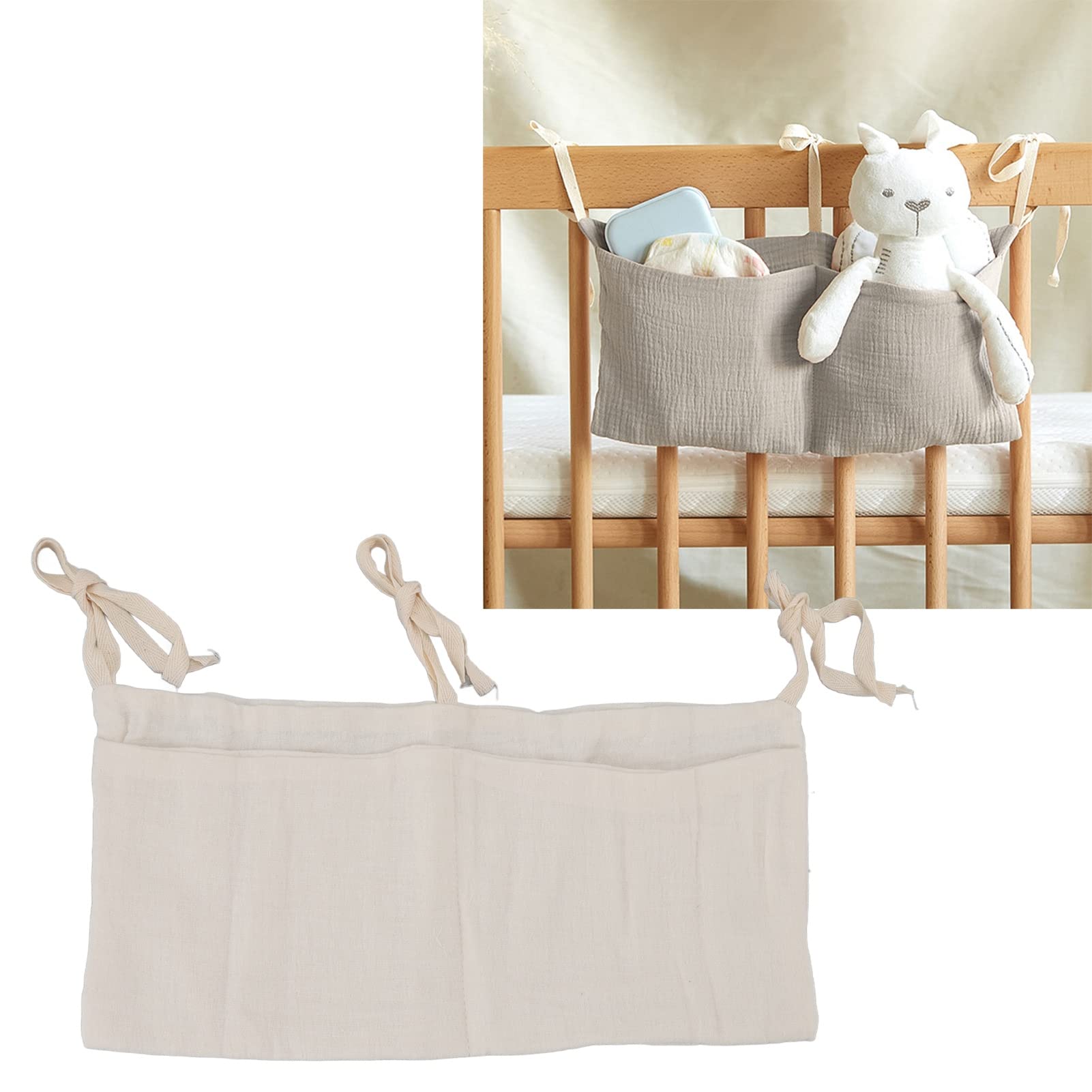 Baby Bed Hanging Bag, Baby Bedside Toy Bag Strap Pure Cotton Fabric 2 Pockets for Home (Beige)