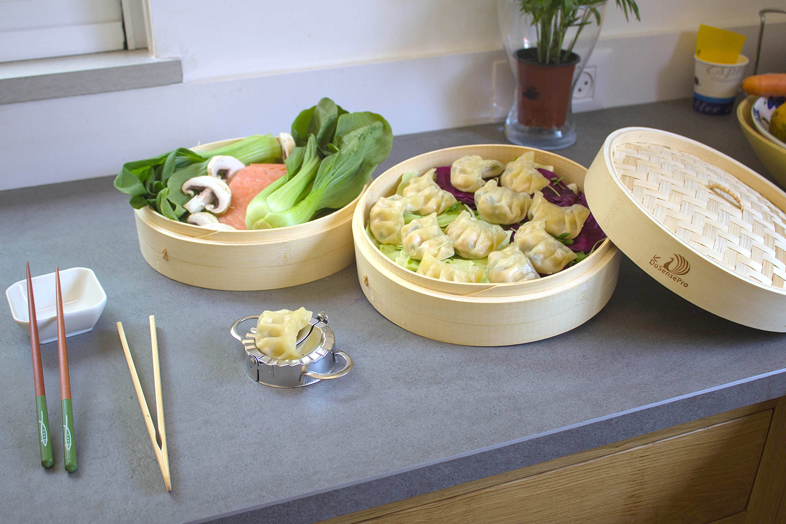 Bamboo Steamer for Cooking 10β -by DoSensePro Includes 2 Tiers, Stainless Steel Dumpling Maker, Liners, Ceramic Dish, and Bamboo Tongs. Dumpling Steamer Basket Cooker for Healthy Low-Fat Diet
