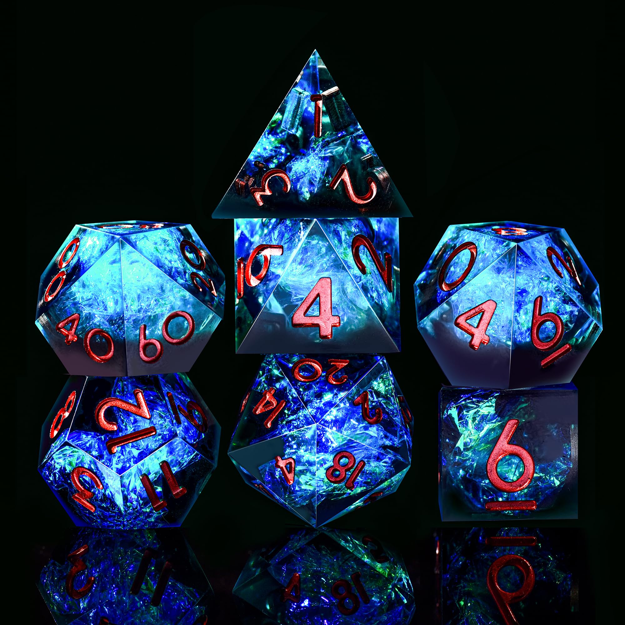 AUSTOR 7-Die DND Dice Set, Handmade Sharp Edge Polyhedral Dice for Dungeons and Dragons RPG MTG Table Games(Black & Blue)